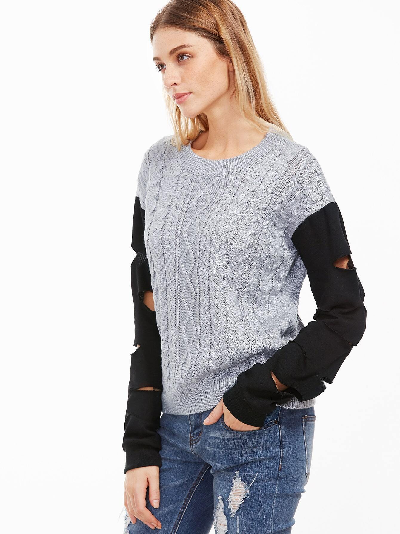 Grey Cable Knit Contrast Sleeve Sweater Shein Sheinside