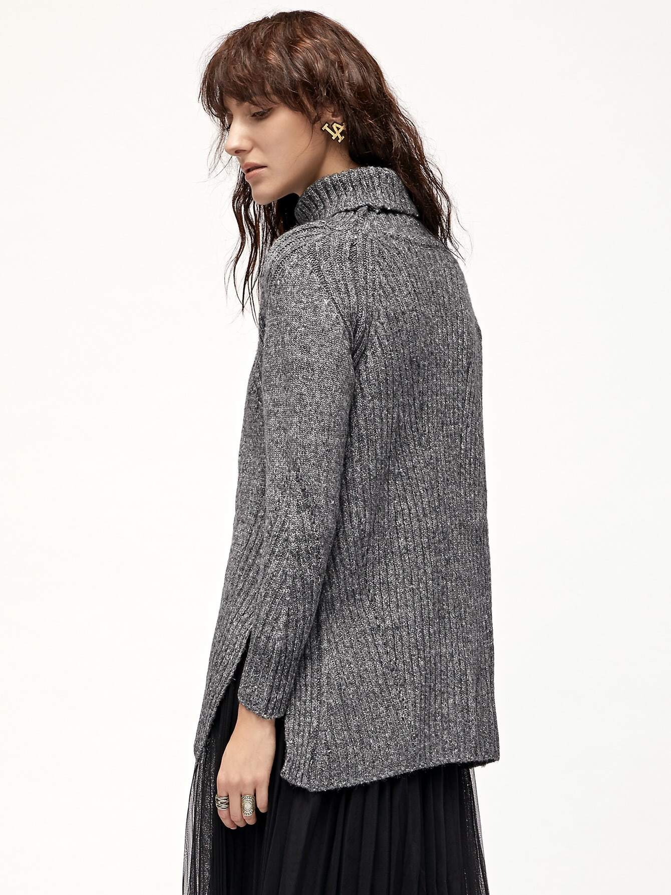 Dark Grey Turtleneck Side Slit High Low Sweater Shein Sheinside