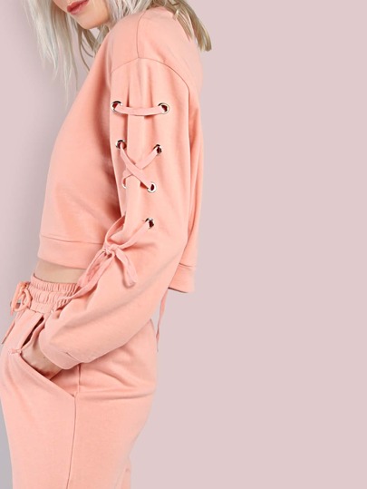 Cropped Lace Up Eyelet Shoulder Sweatshirt Pink Shein Sheinside