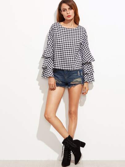 Black Gingham Layered Sleeve Top Shein Sheinside