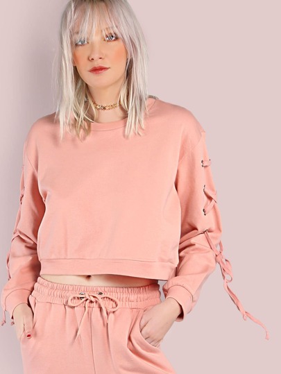 Cropped Lace Up Eyelet Shoulder Sweatshirt Pink Shein Sheinside