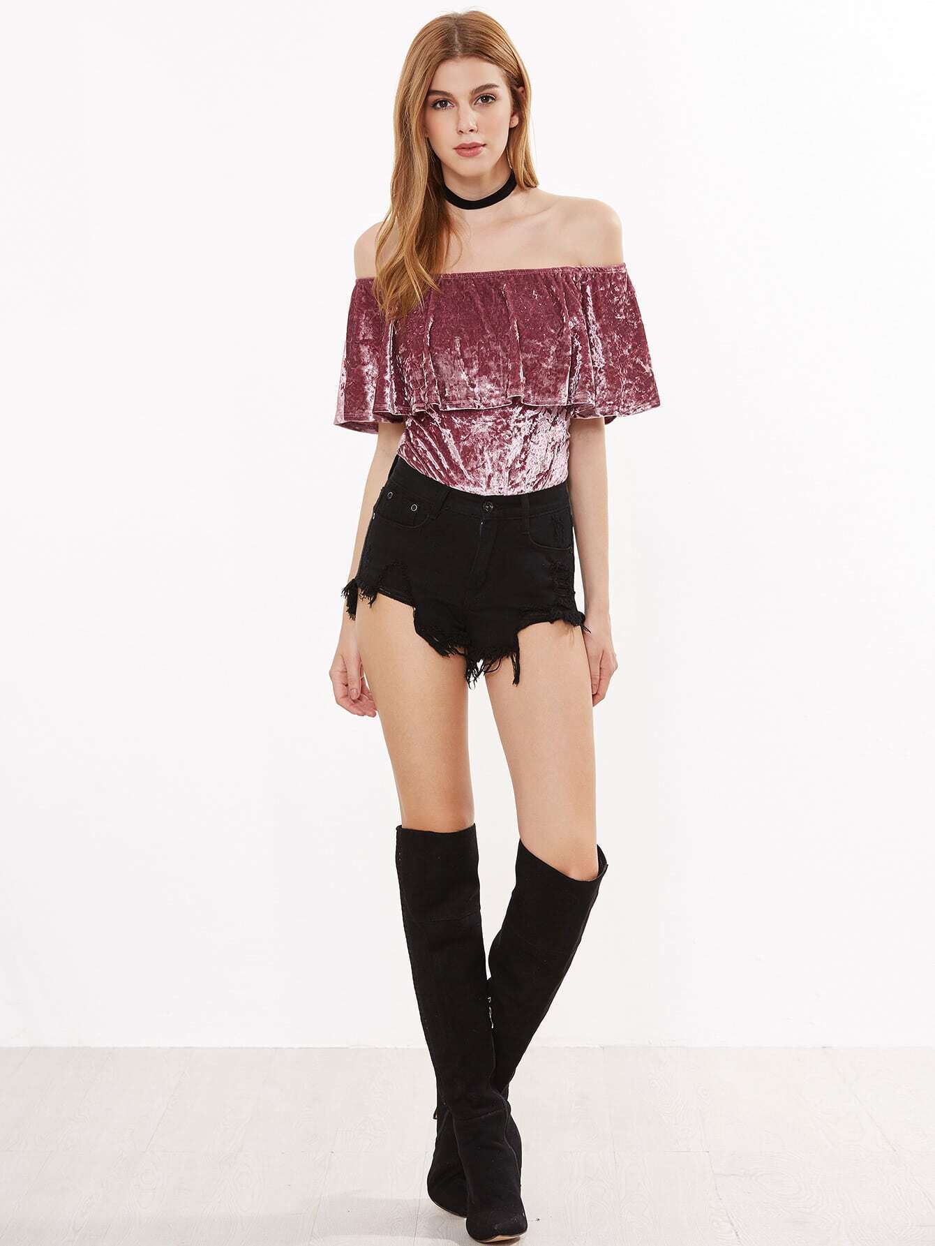 Crushed Velvet Flounce Layered Neckline Bodysuit Shein Sheinside