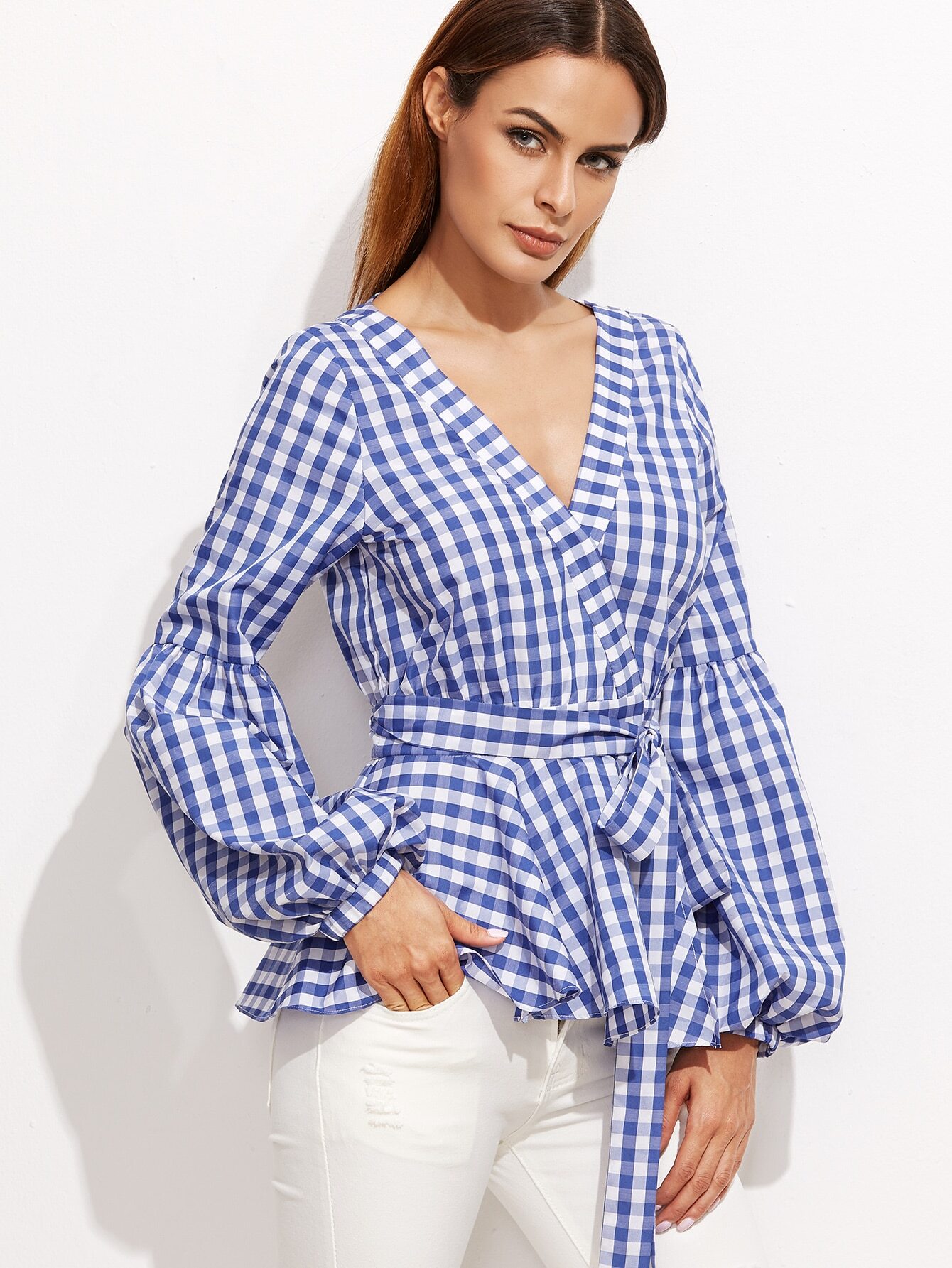 Gingham Surplice Bishop Sleeve Blouse With Self Tie Shein Sheinside