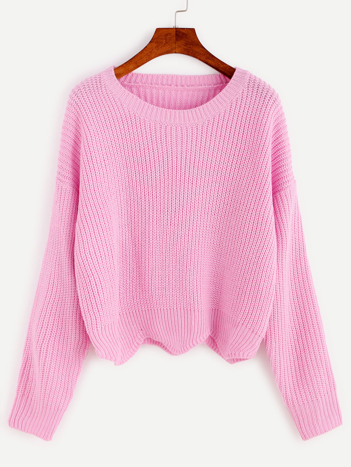 Pink Wave Hem Drop Shoulder Knit Sweater Shein Sheinside