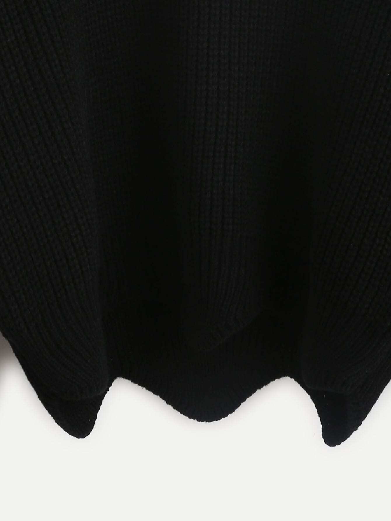 Black Drop Shoulder Seam Wave Hem Sweater Shein Sheinside