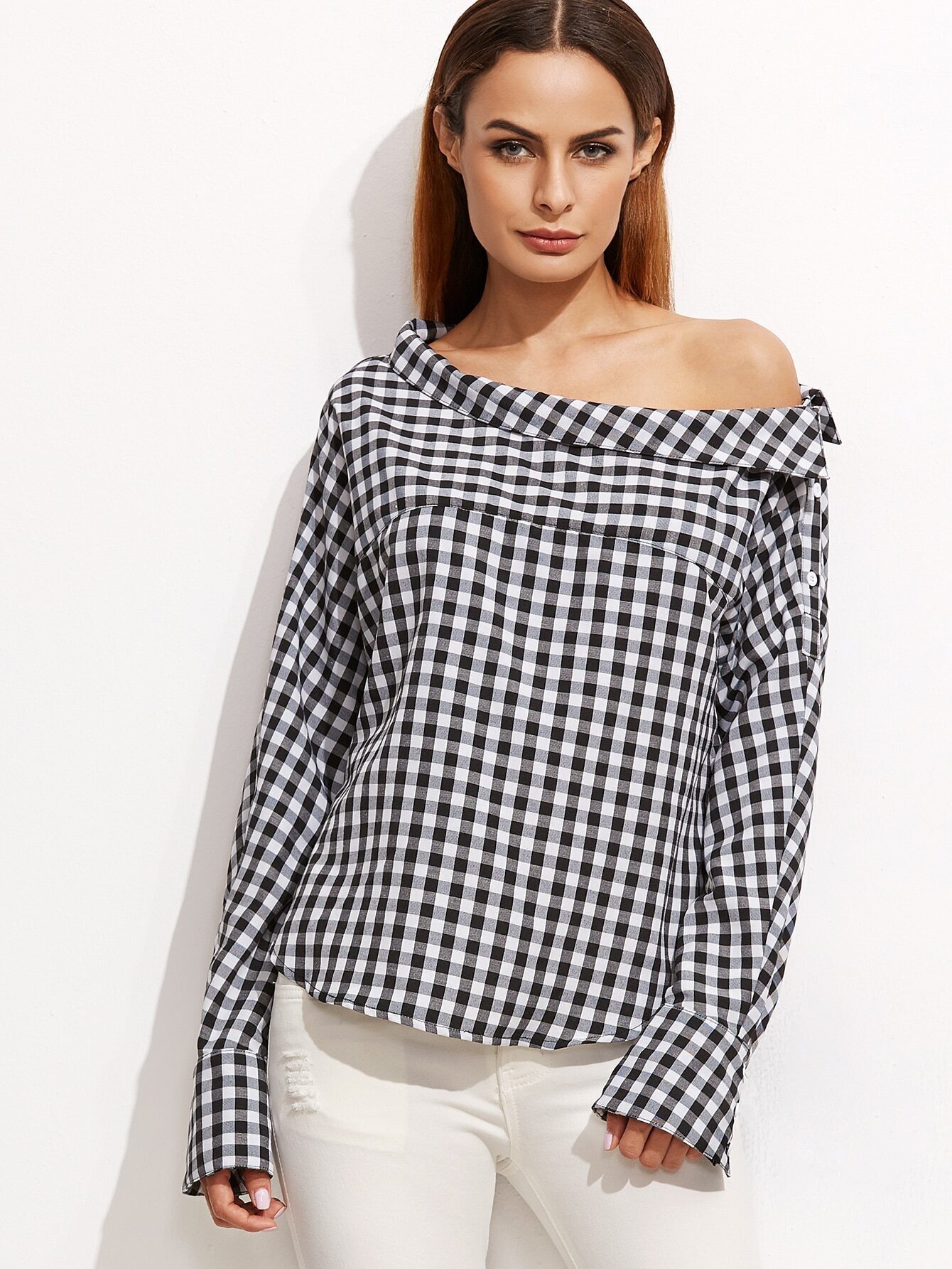 Black Gingham Asymmetric Foldover Off The Shoulder Blouse Shein Sheinside