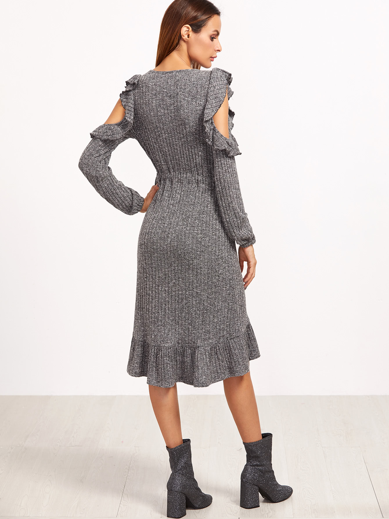 Marled Open Shoulder Drawstring Waist Frill Dress -shein(sheinside)