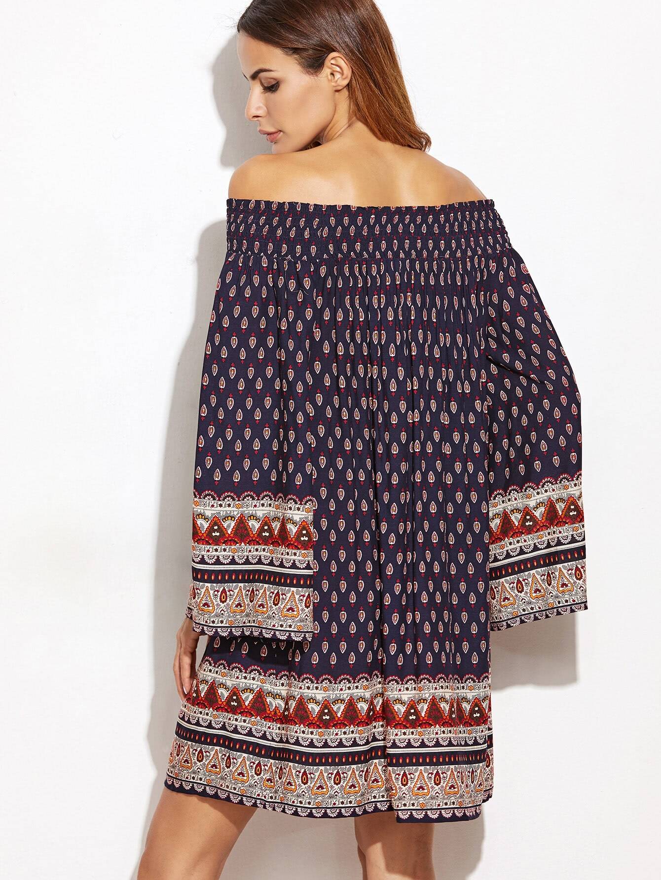 Off Shoulder Kimono Sleeve Aztec Print Dress Shein Sheinside