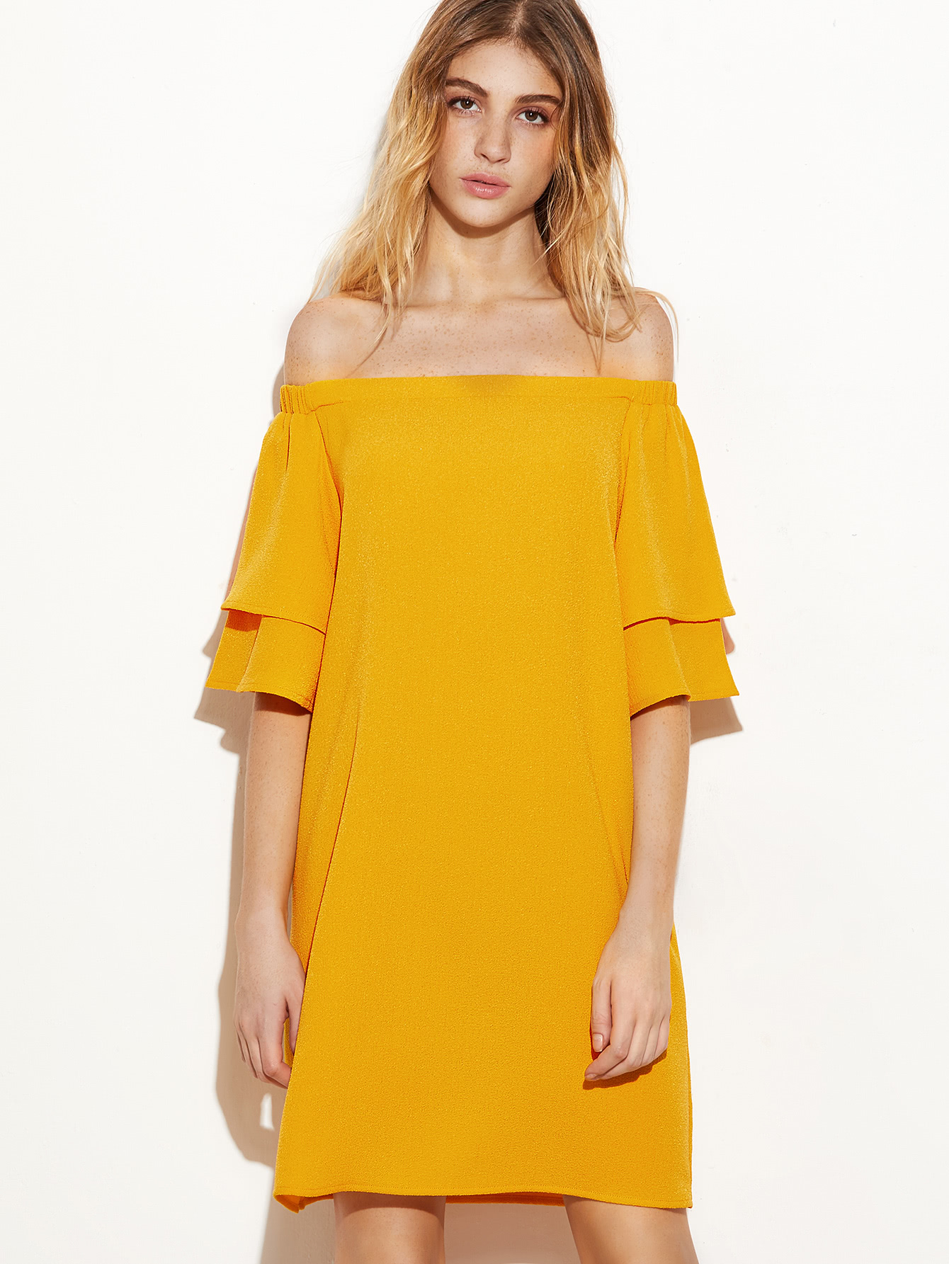 Layered Sleeve Bardot Neckline Dress Shein Sheinside