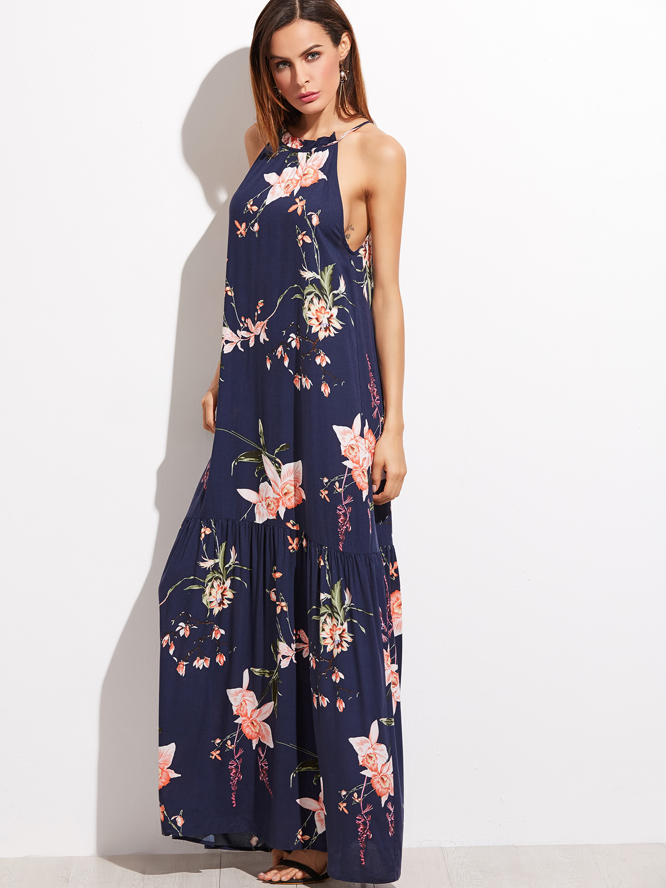 Navy Floral Print Halter Ruffle Maxi Dress Shein Sheinside