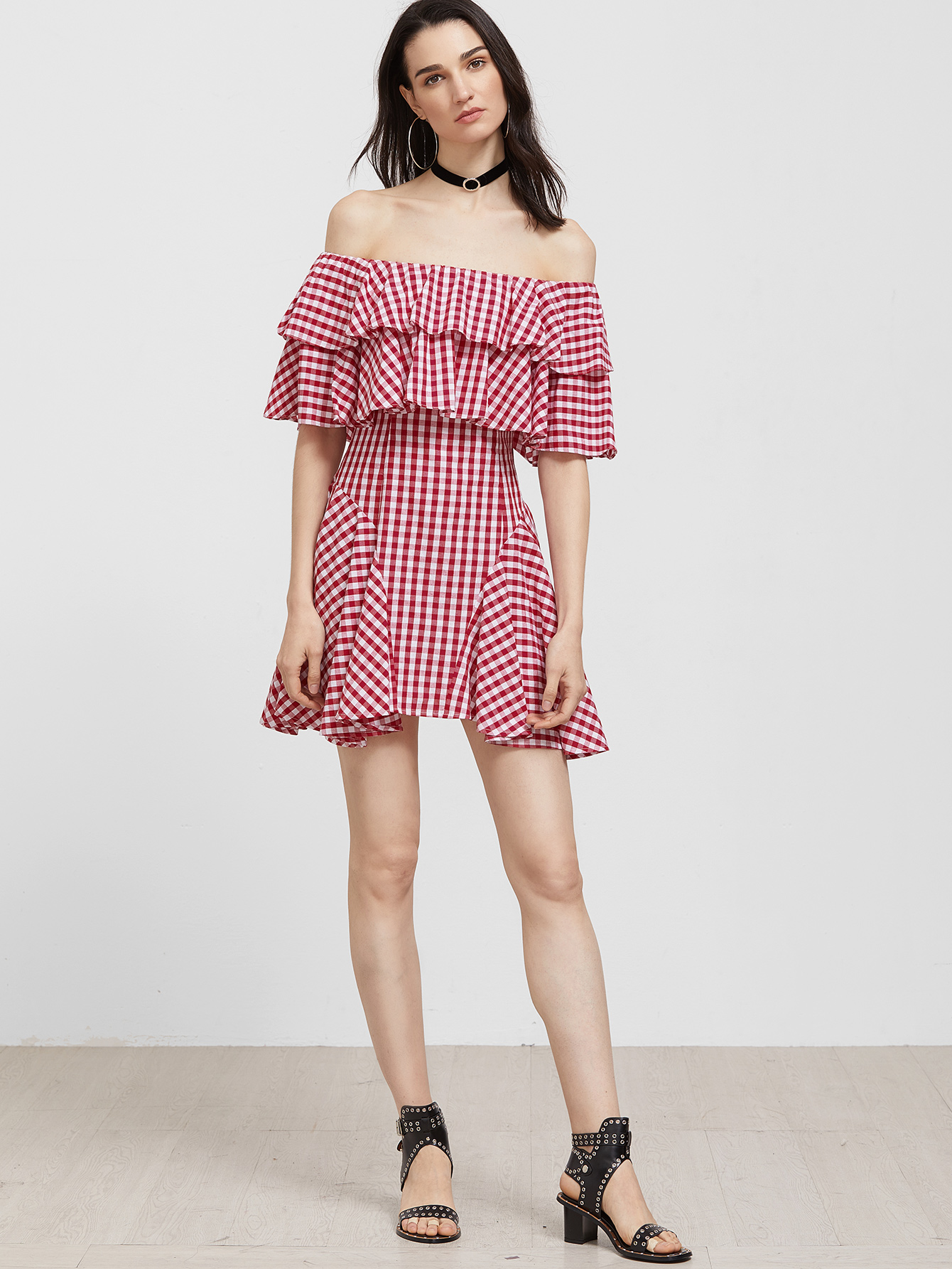 Red And White Gingham Off The Shoulder Layered Ruffle Dress Shein
