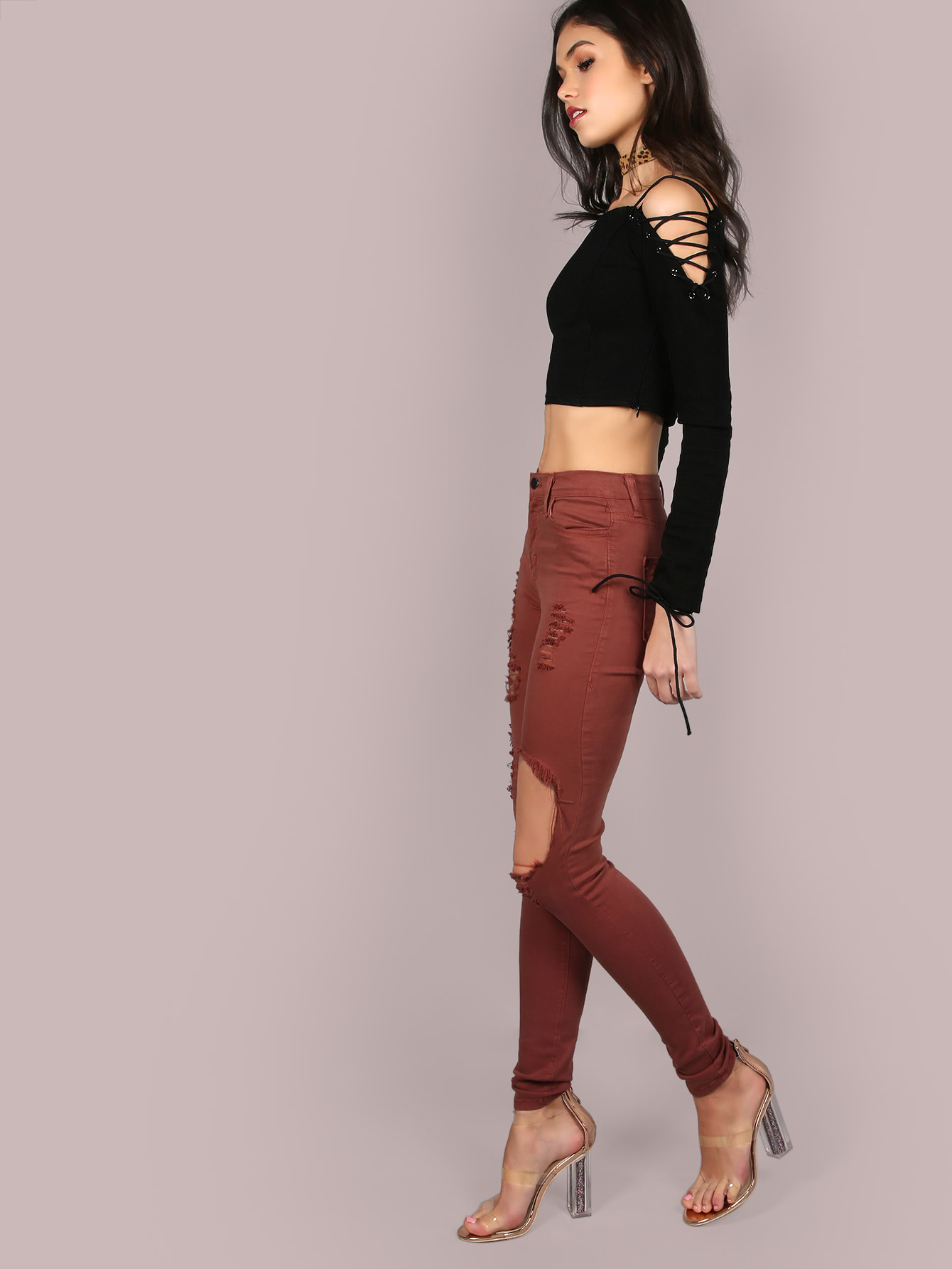 Lace Up Grommet Shoulder Crop Top Shein Sheinside