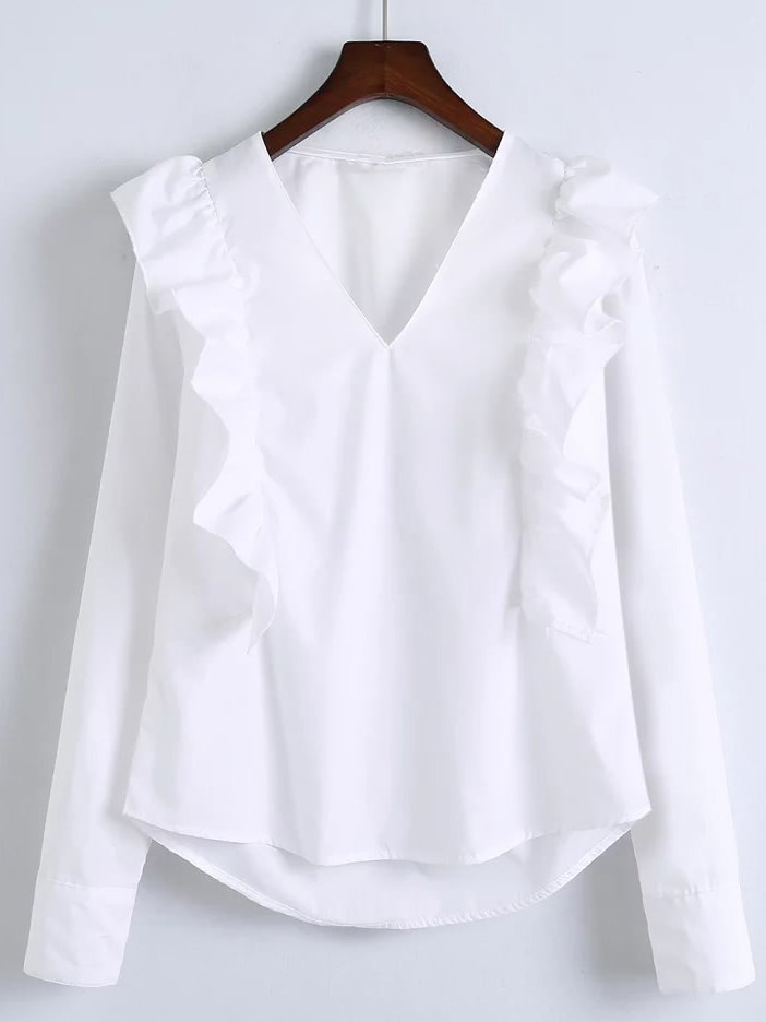 V Neck Ruffle Trim Buttoned Cuff Blouse Shein Sheinside