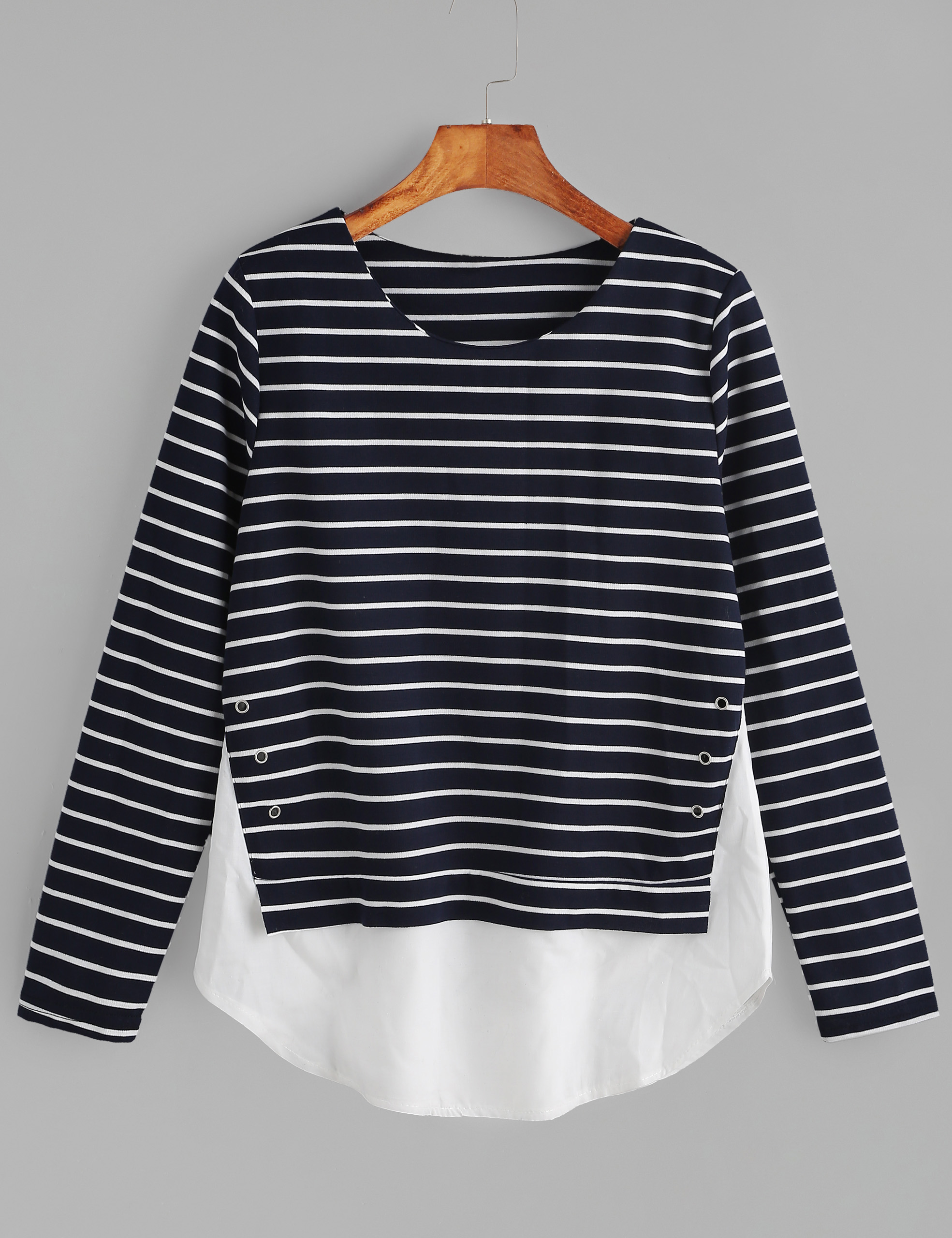 Navy Striped Contrast Hem 2 In 1 T Shirt Shein Sheinside