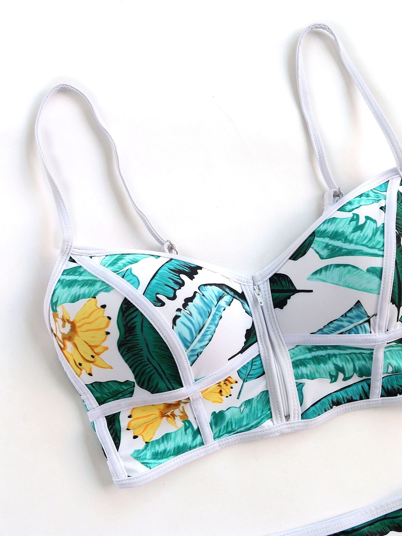 Tropical Print Zip Front Contrast Binding Bikini Set Shein Sheinside