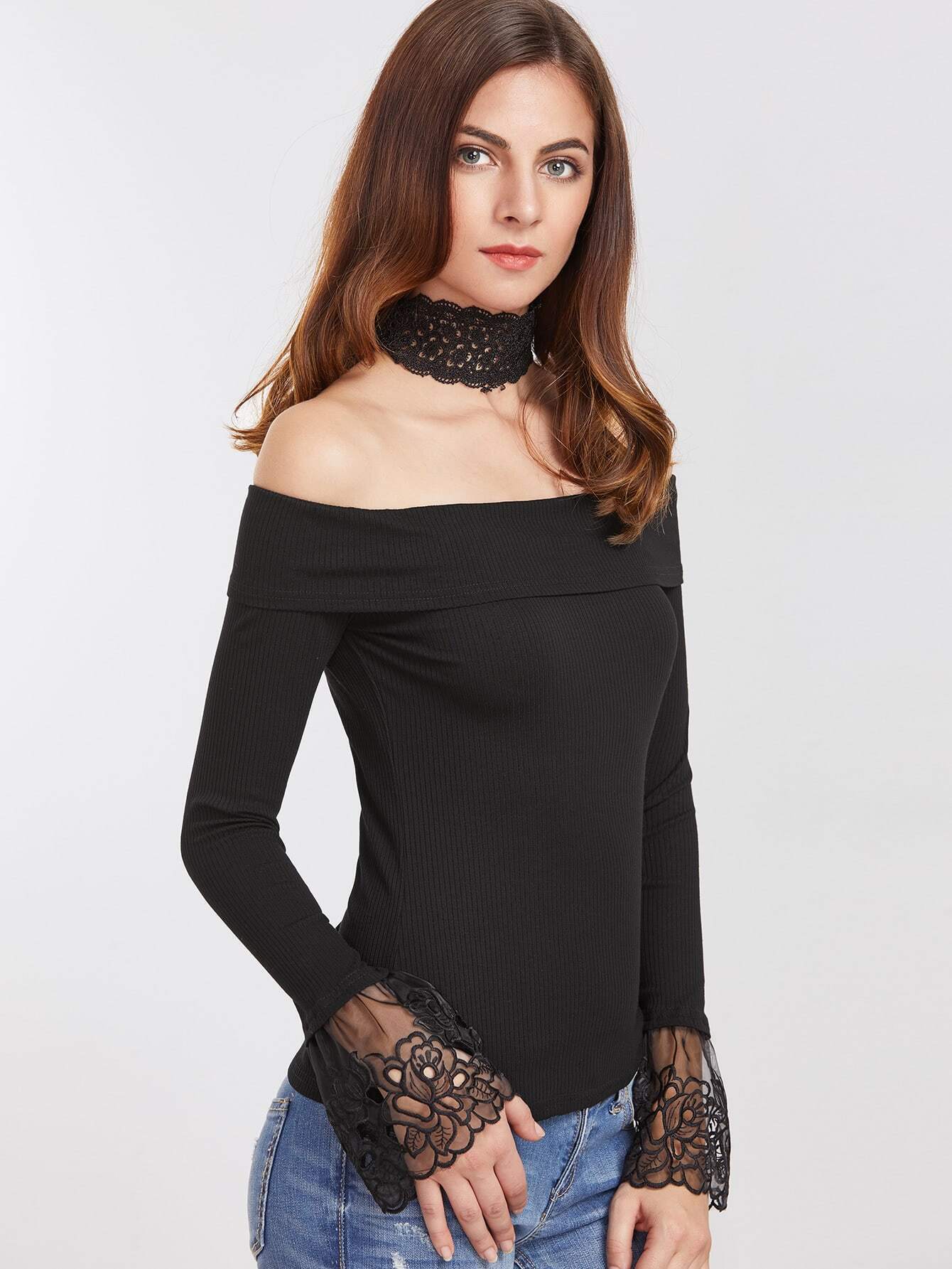 Black Choker Neck Embroidered Mesh Cuff T Shirt Shein Sheinside