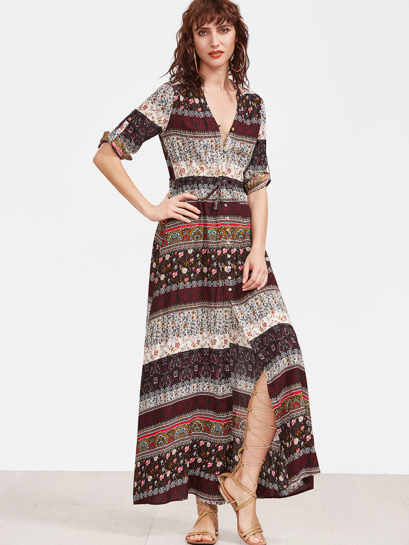 Ornate Print Button Up Drawstring Waist Dress -shein(sheinside)