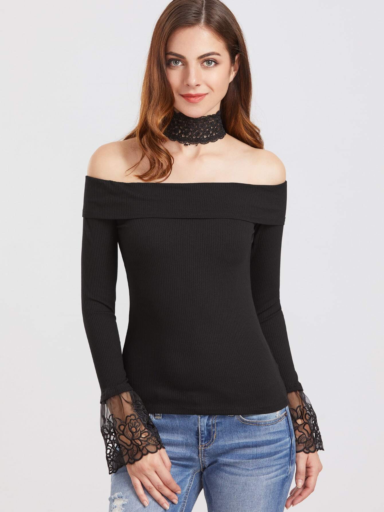Black Choker Neck Embroidered Mesh Cuff T Shirt Shein Sheinside