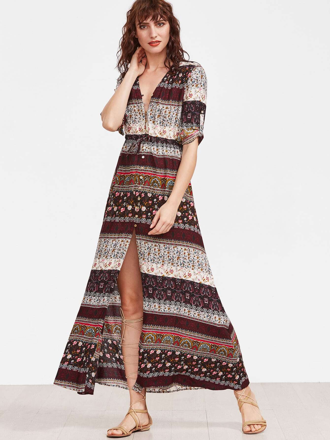 Ornate Print Button Up Drawstring Waist Dress -shein(sheinside)