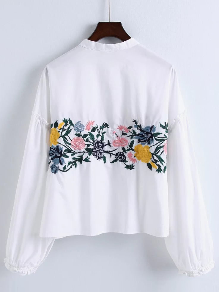 Flower Embroidery Ruffle Trim Blouse Shein Sheinside