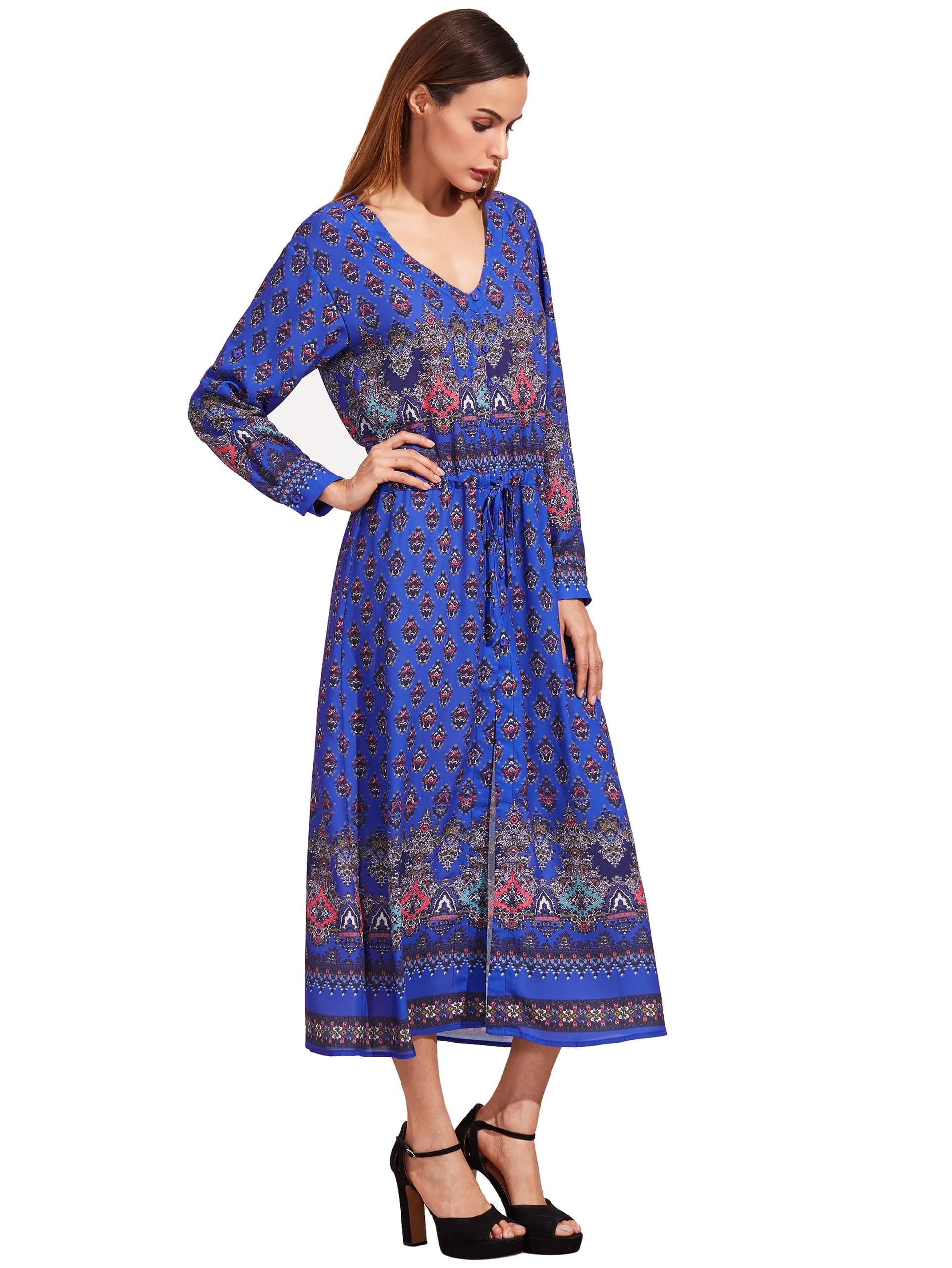 Vintage Print Buttons Front Drawstring Dress -shein(sheinside)