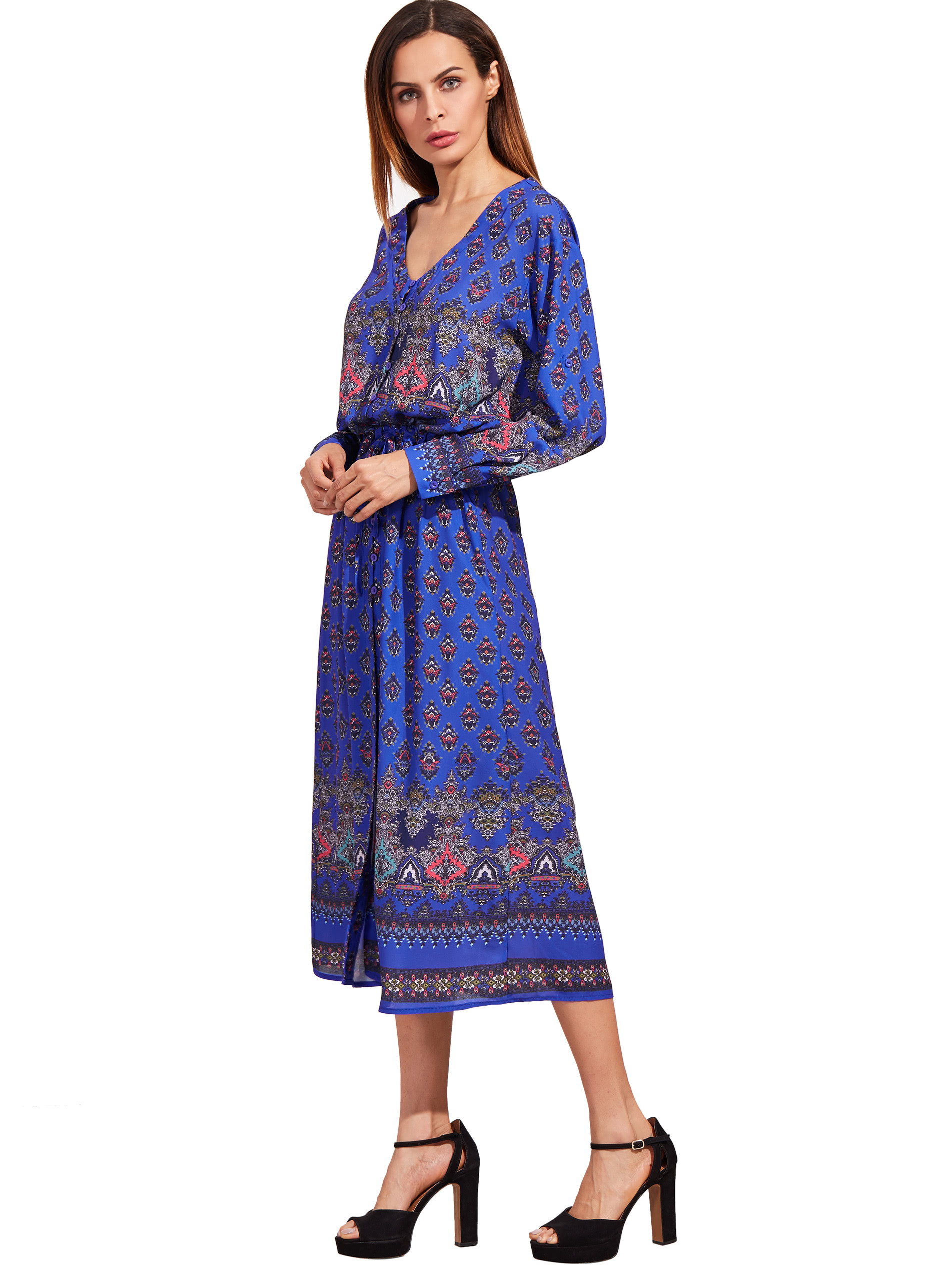 Vintage Print Buttons Front Drawstring Dress -shein(sheinside)
