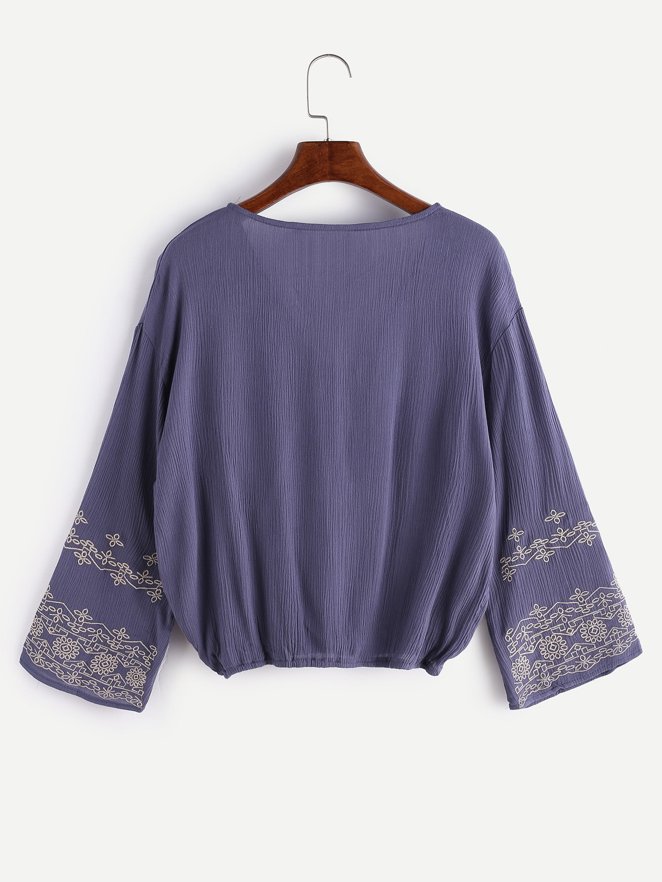 V Neck Tie Front Embroidered Wrap Blouse -shein(sheinside)