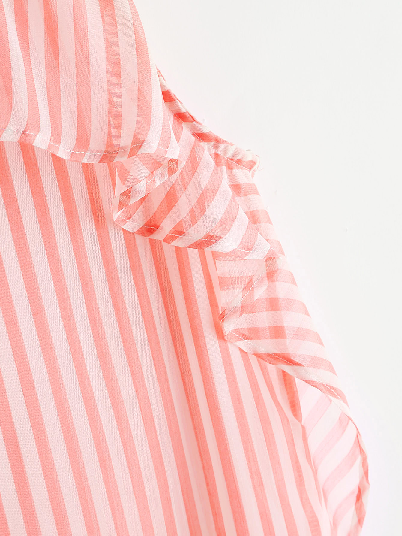 Vertical Stripe Frill Trim Keyhole Back Chiffon Top Shein Sheinside