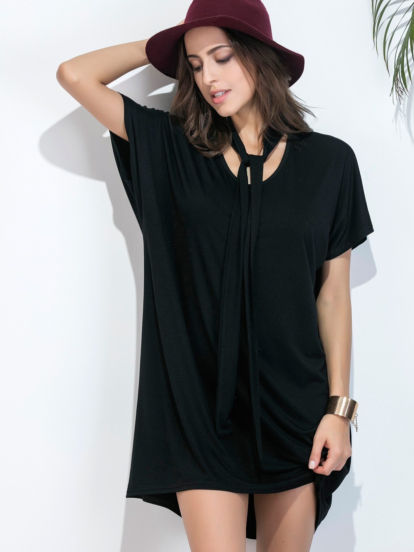 Black Dolman Sleeve Neck Tie Tee Dress Shein Sheinside