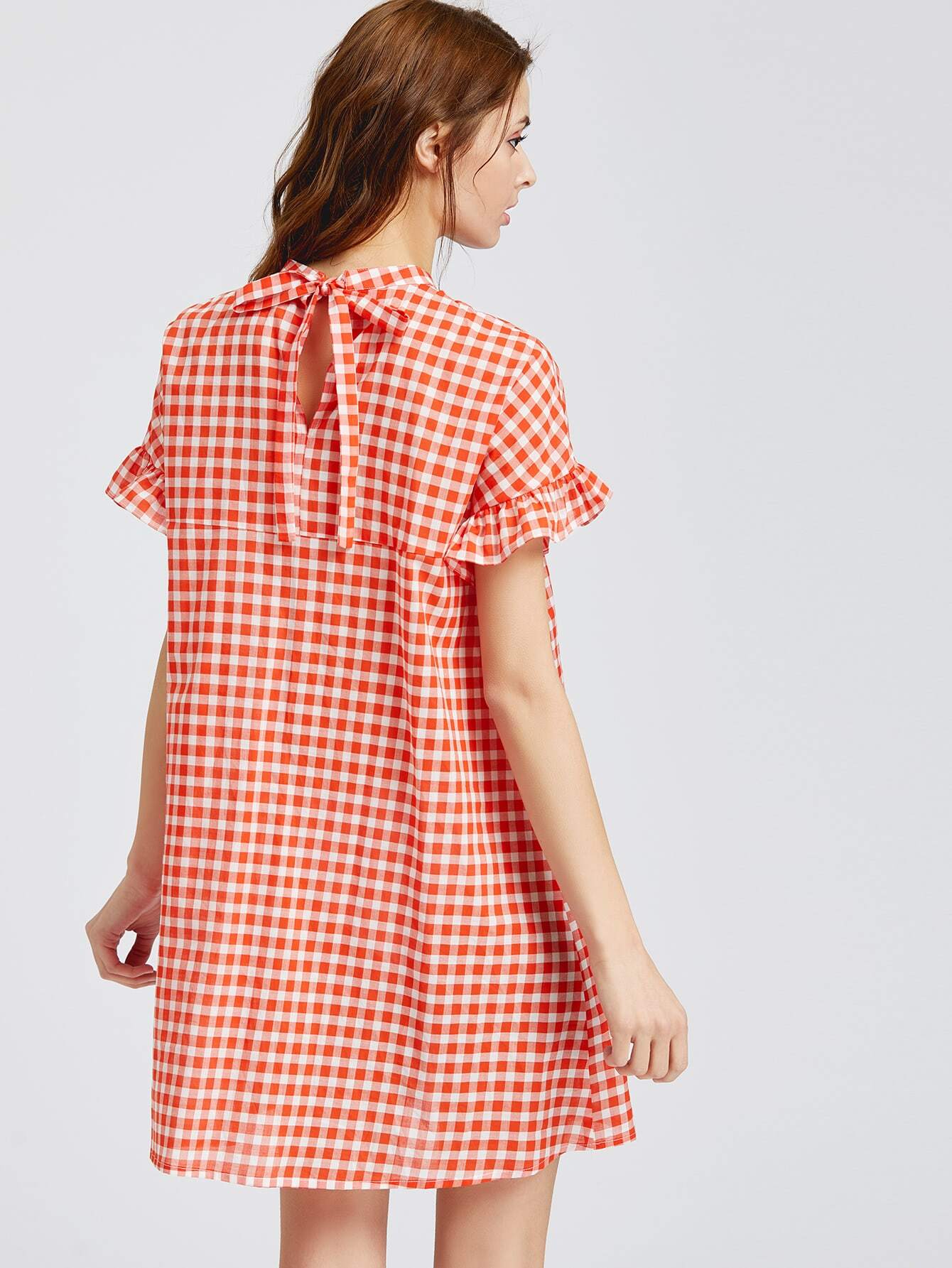 Checkered Frill Sleeve Keyhole Tie Back Smock Dress Shein Sheinside