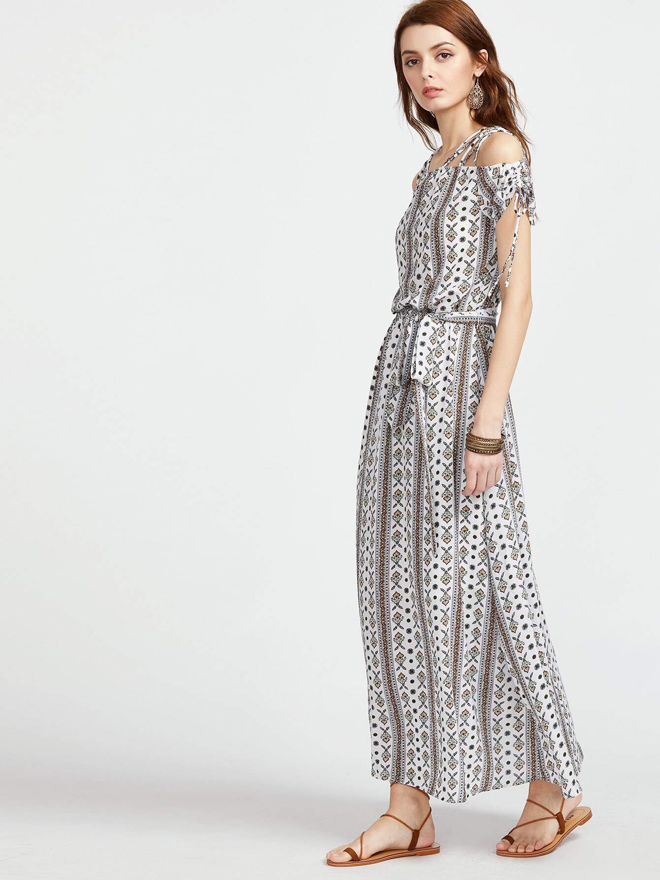 Ornate Print Strappy Cold Shoulder Drawstring Sleeve Dress -shein