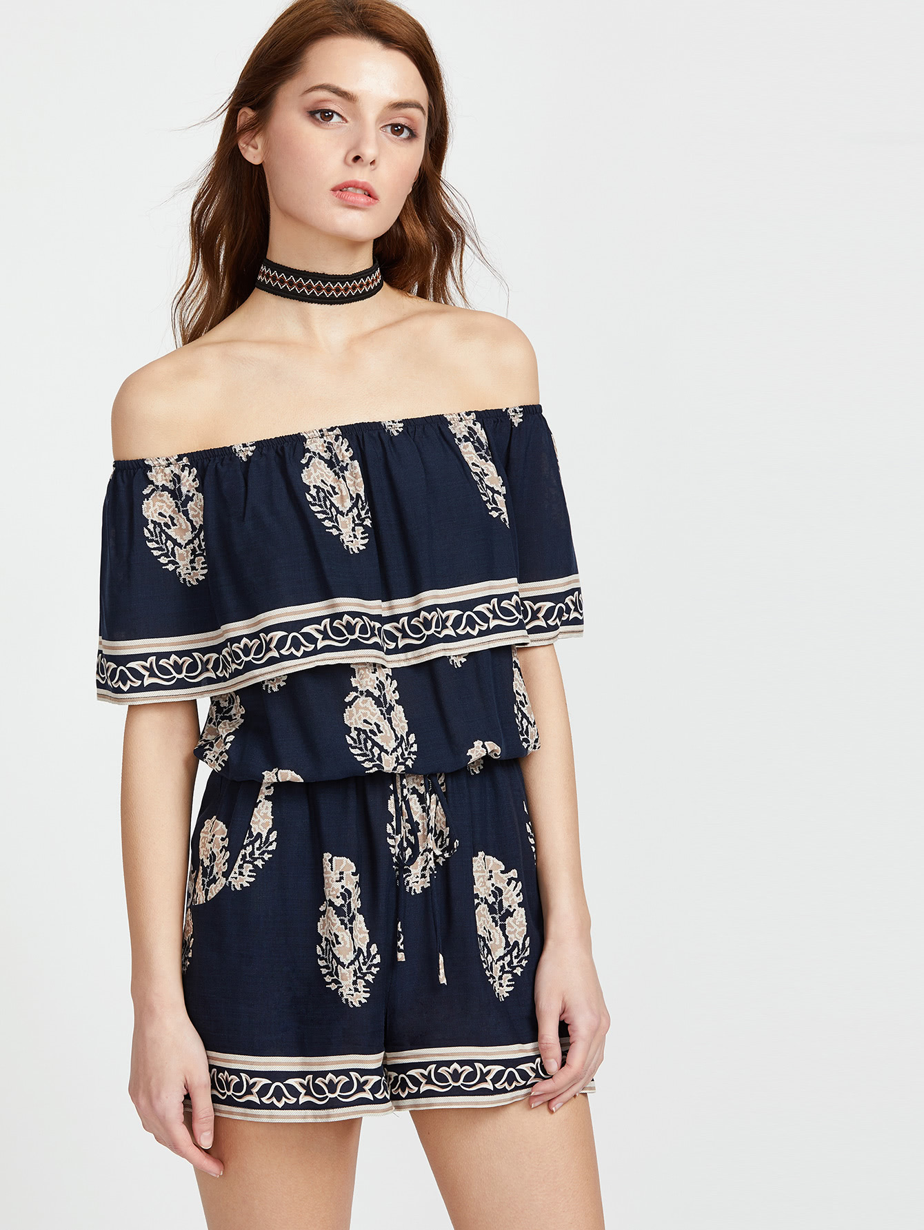 Boho Floral Print Ruffle Off Shoulder Blouson Romper Shein Sheinside