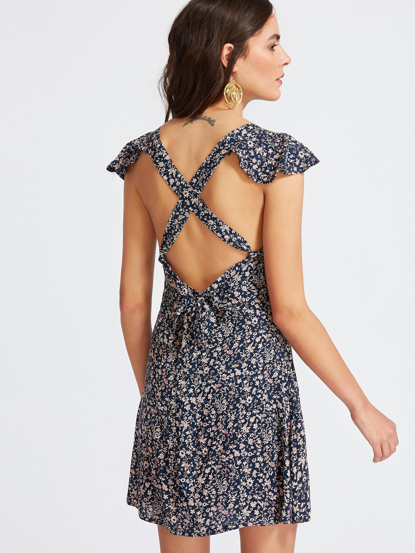Calico Print Square Neck Criss Cross Back Dress Shein Sheinside
