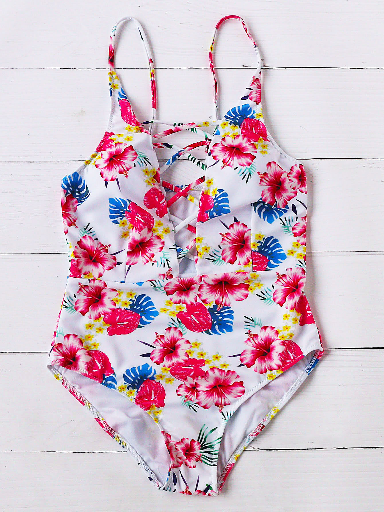 Floral Print Criss Cross Front One Piece Swimwear Shein Sheinside