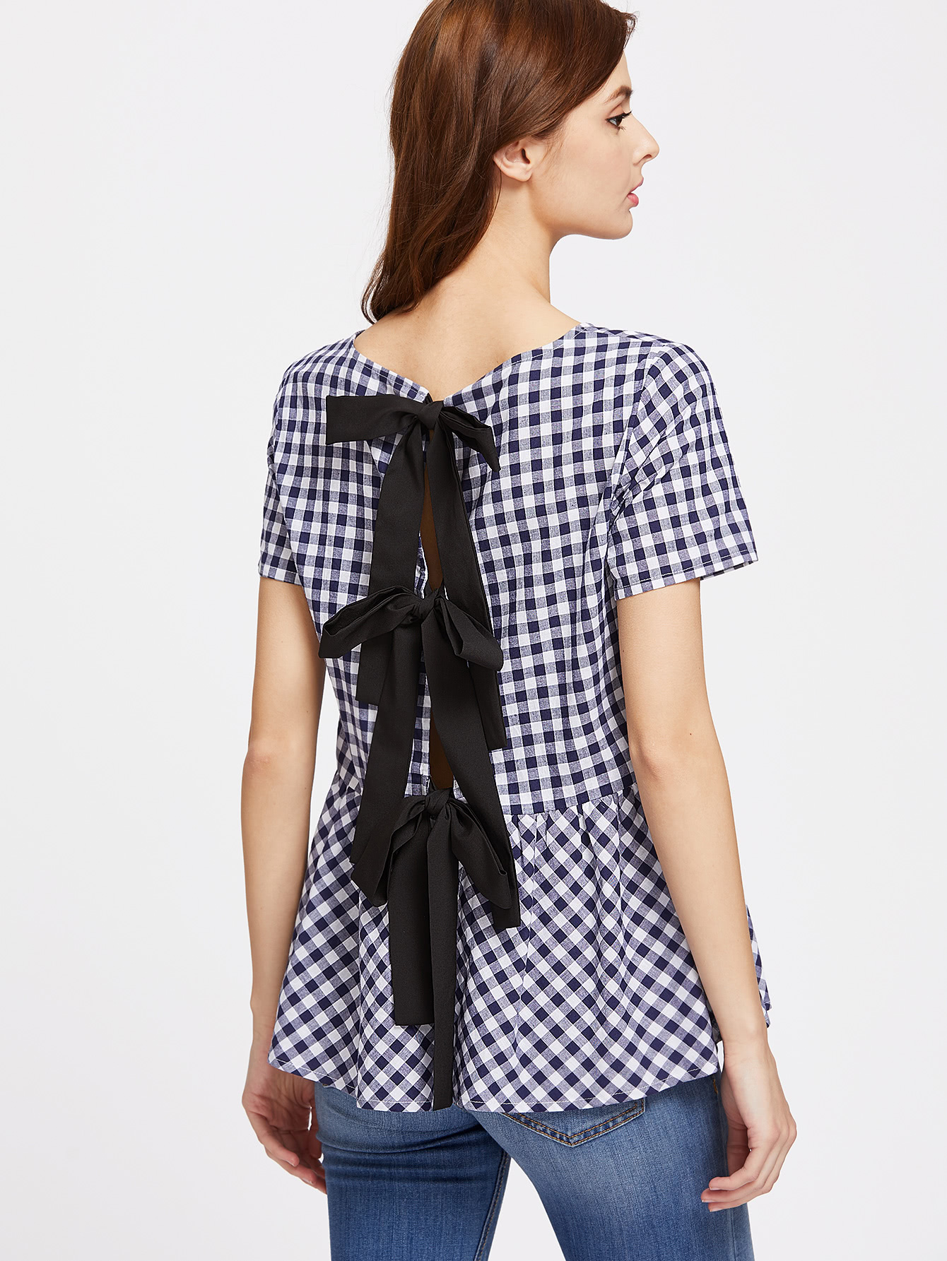Gingham Bow Tie Split Back Peplum Top Shein Sheinside