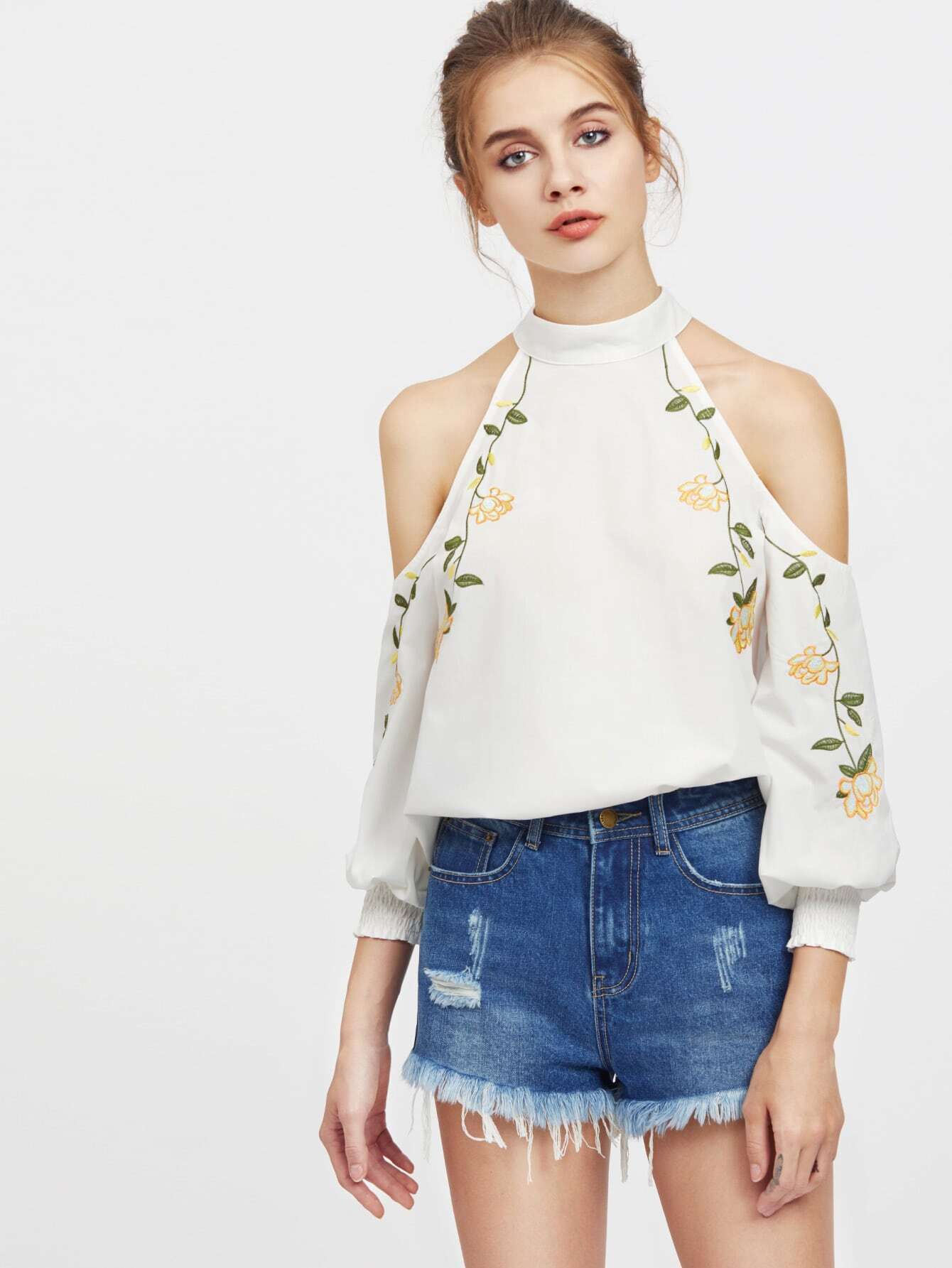 Buttoned Keyhole Open Shoulder Shirred Cuff Embroidered Top Shein
