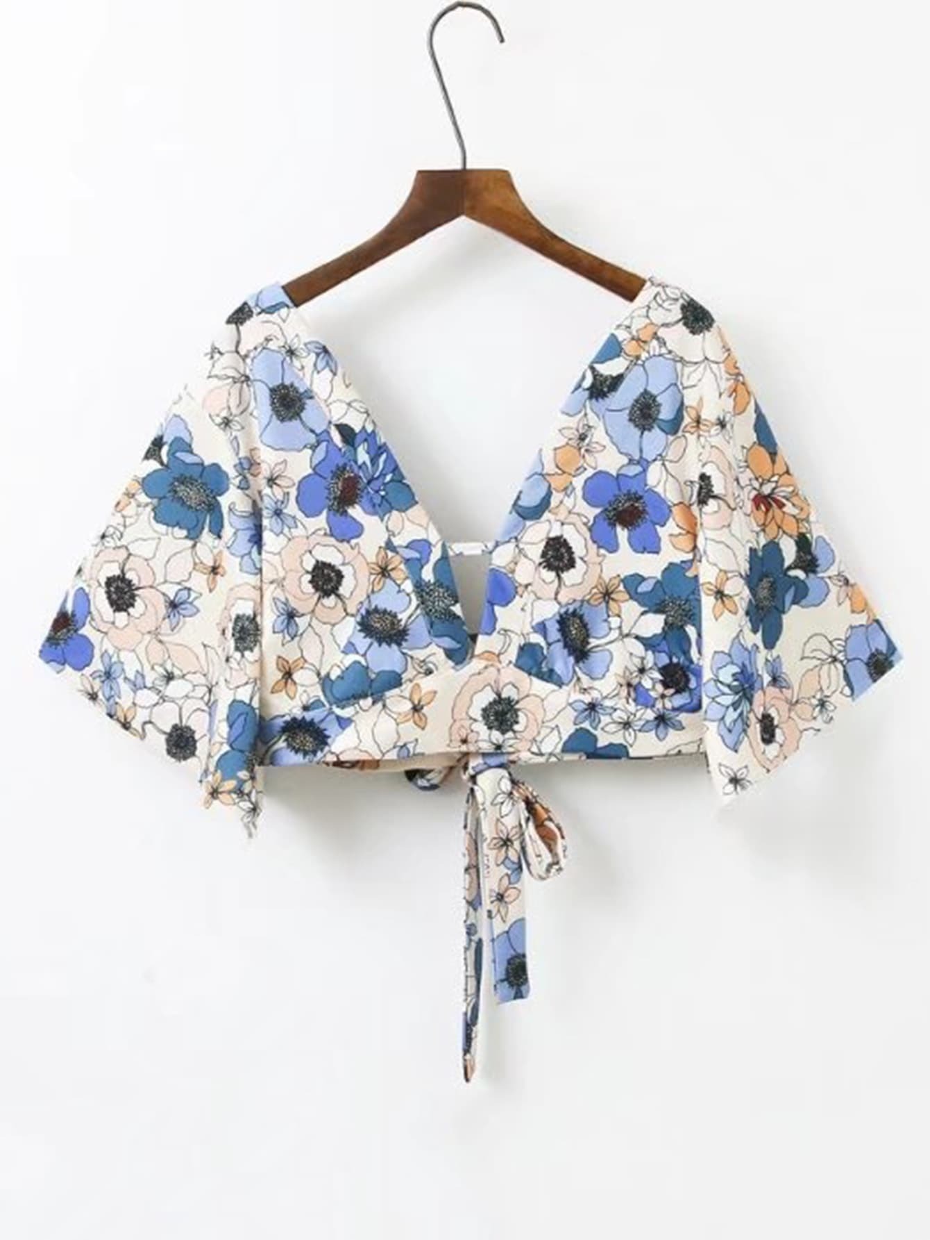 Double V Neck Knot Front Crop Top Shein Sheinside