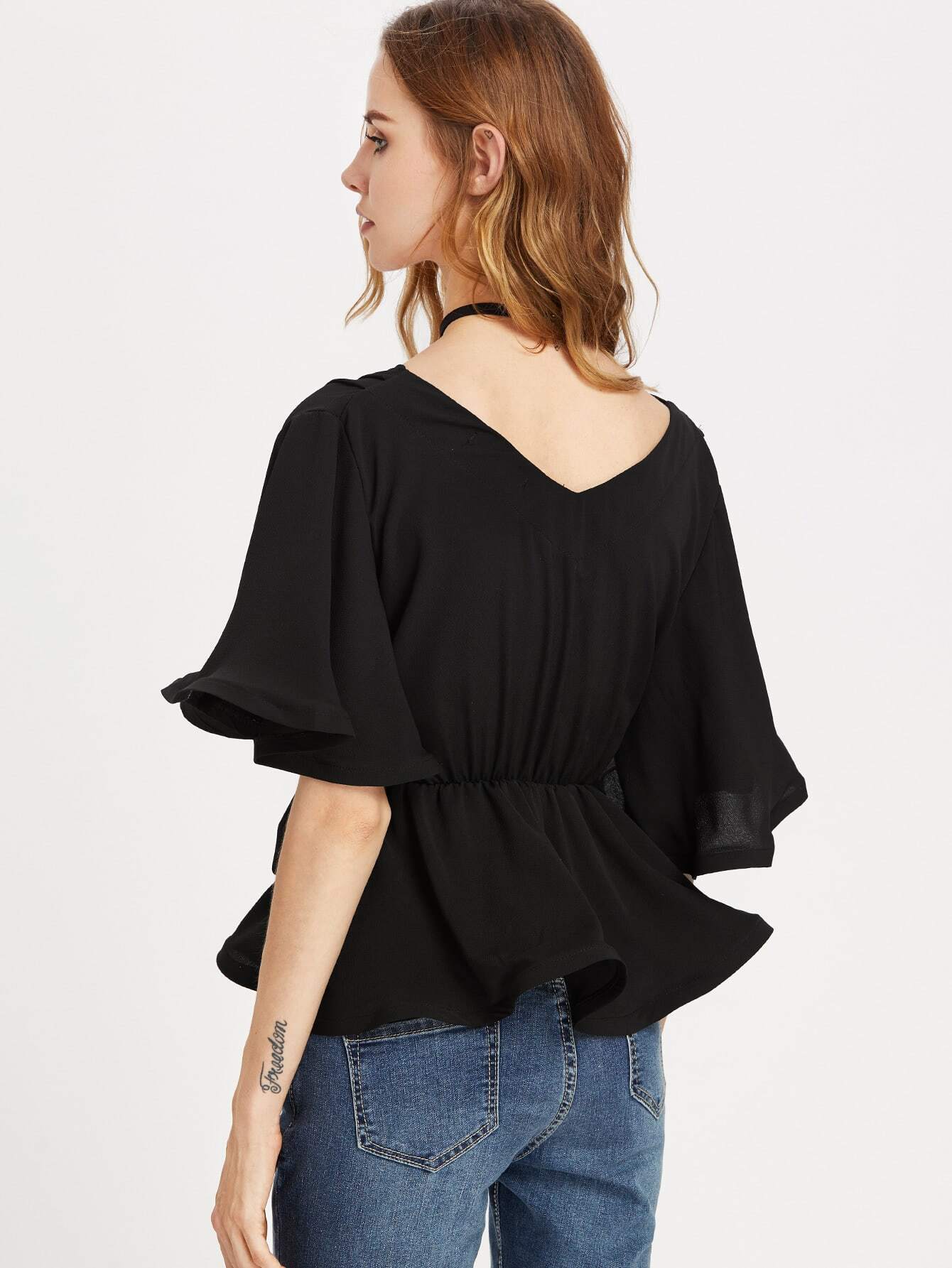 Flutter Sleeve Belted Surplice Wrap Top Shein Sheinside