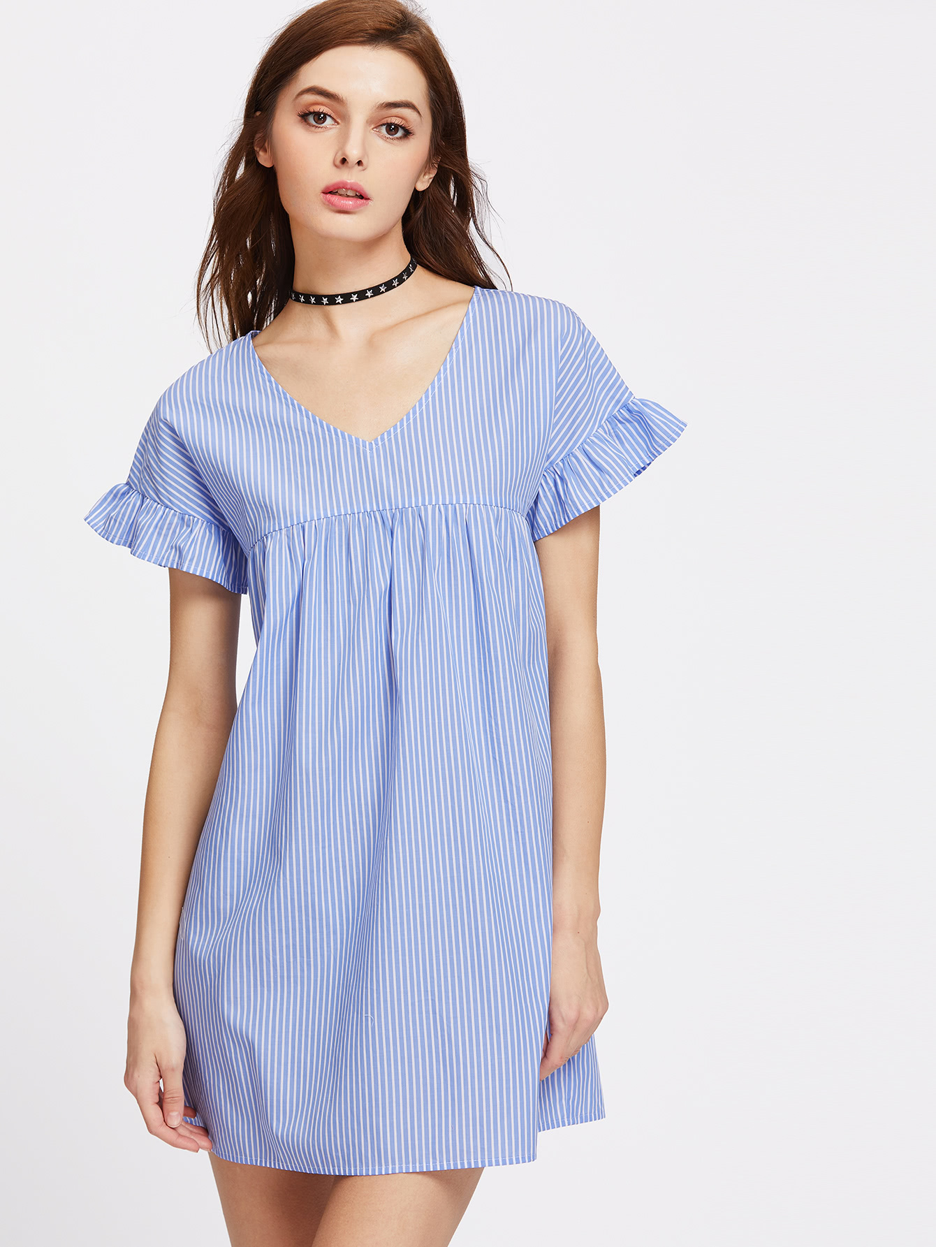 V Neck Ruffle Sleeve Striped Smock Dress Shein Sheinside