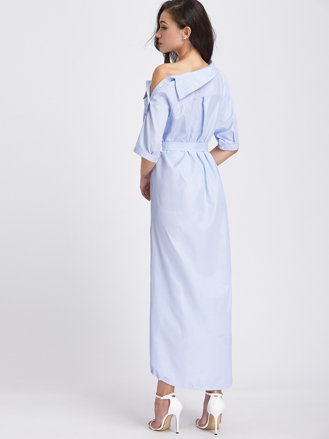 Pinstripe Asymmetrical Off Shoulder Self Tie Dress Shein Sheinside