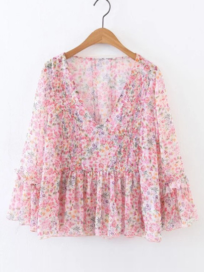 V Neckline Ruffle Hem Floral Chiffon Blouse Shein Sheinside