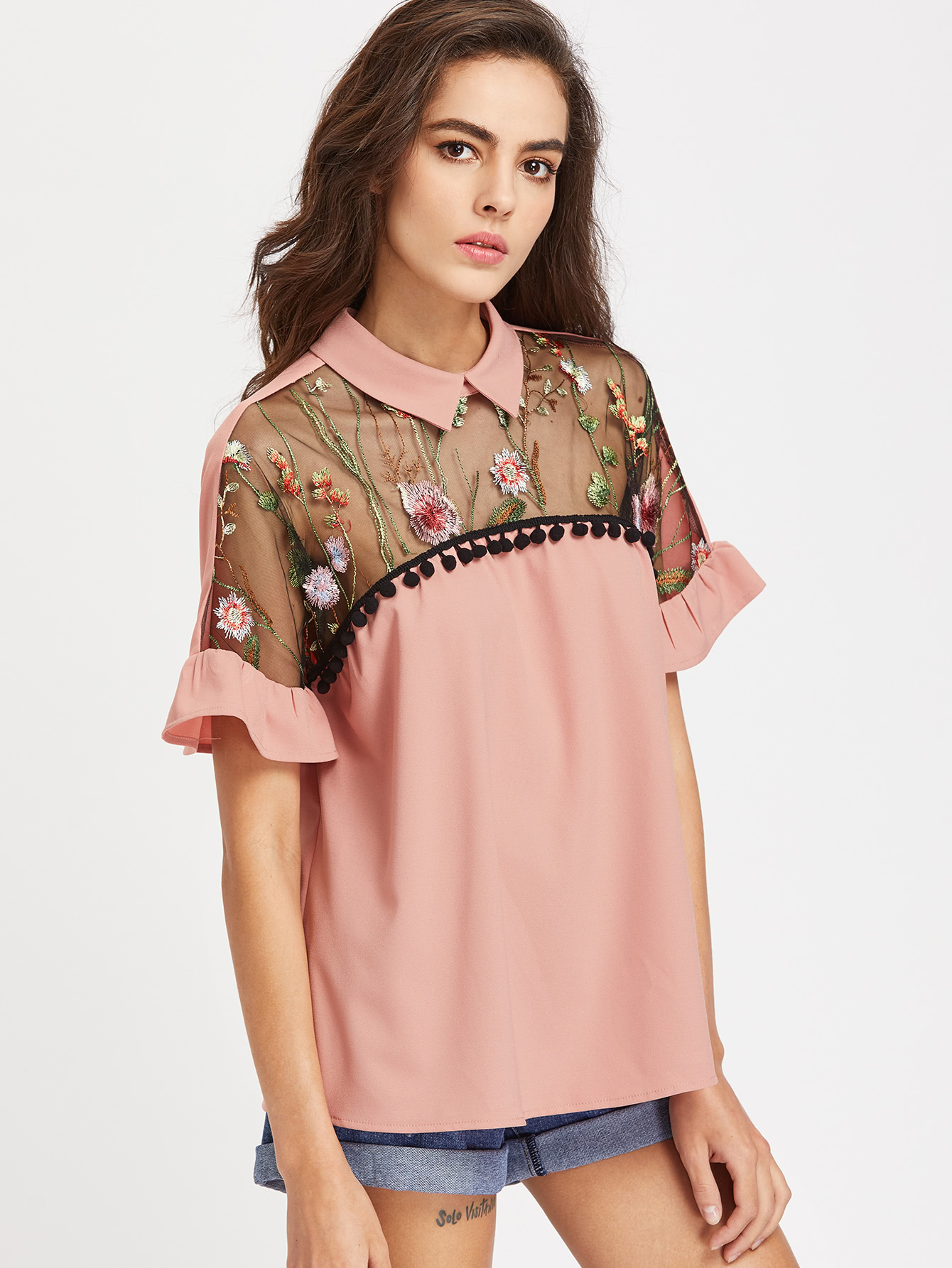Contrast Embroidered Mesh Yoke Ruffle Sleeve Top Shein Sheinside