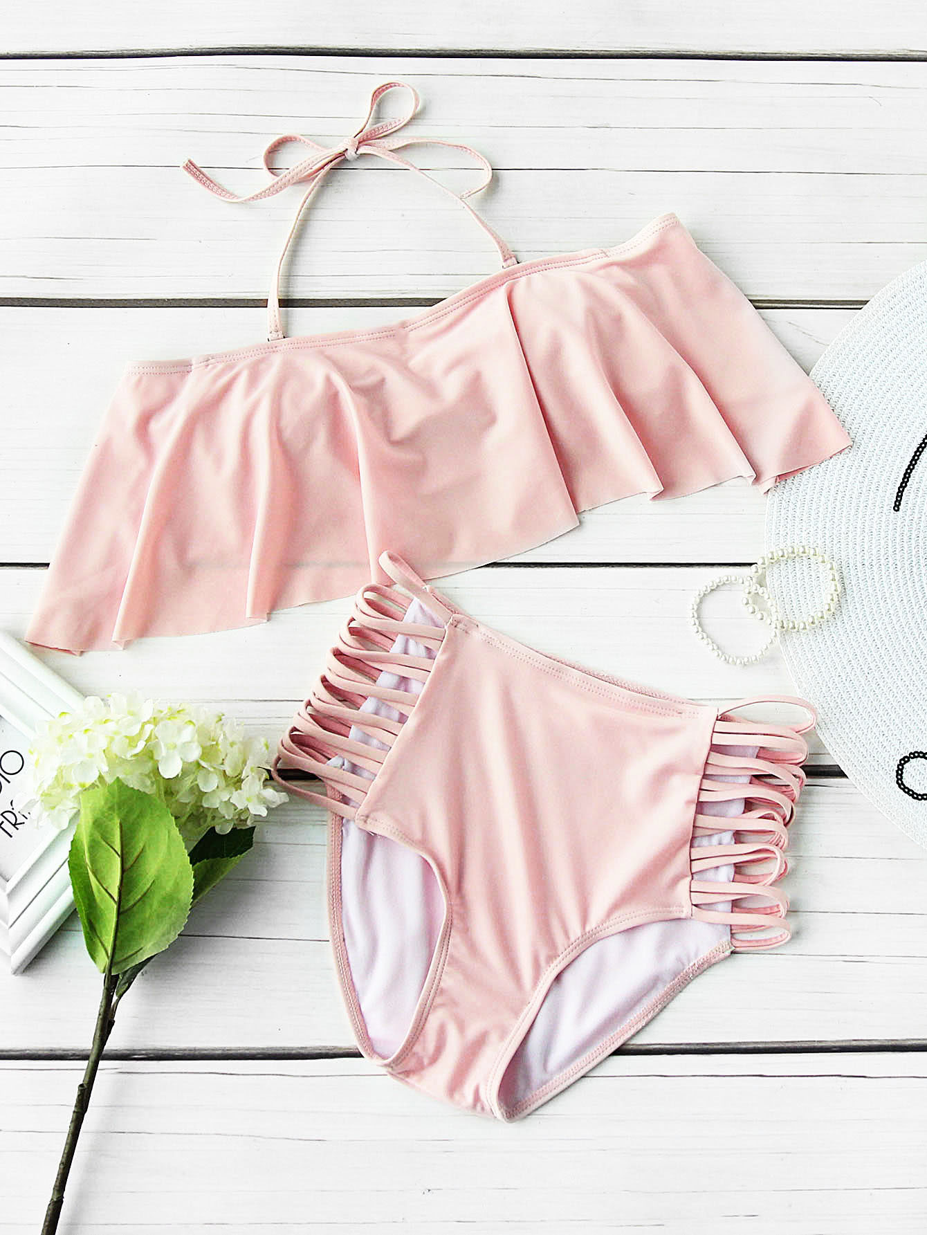 Flounce Detail Ladder Cutout High Waist Bikini Set Shein Sheinside