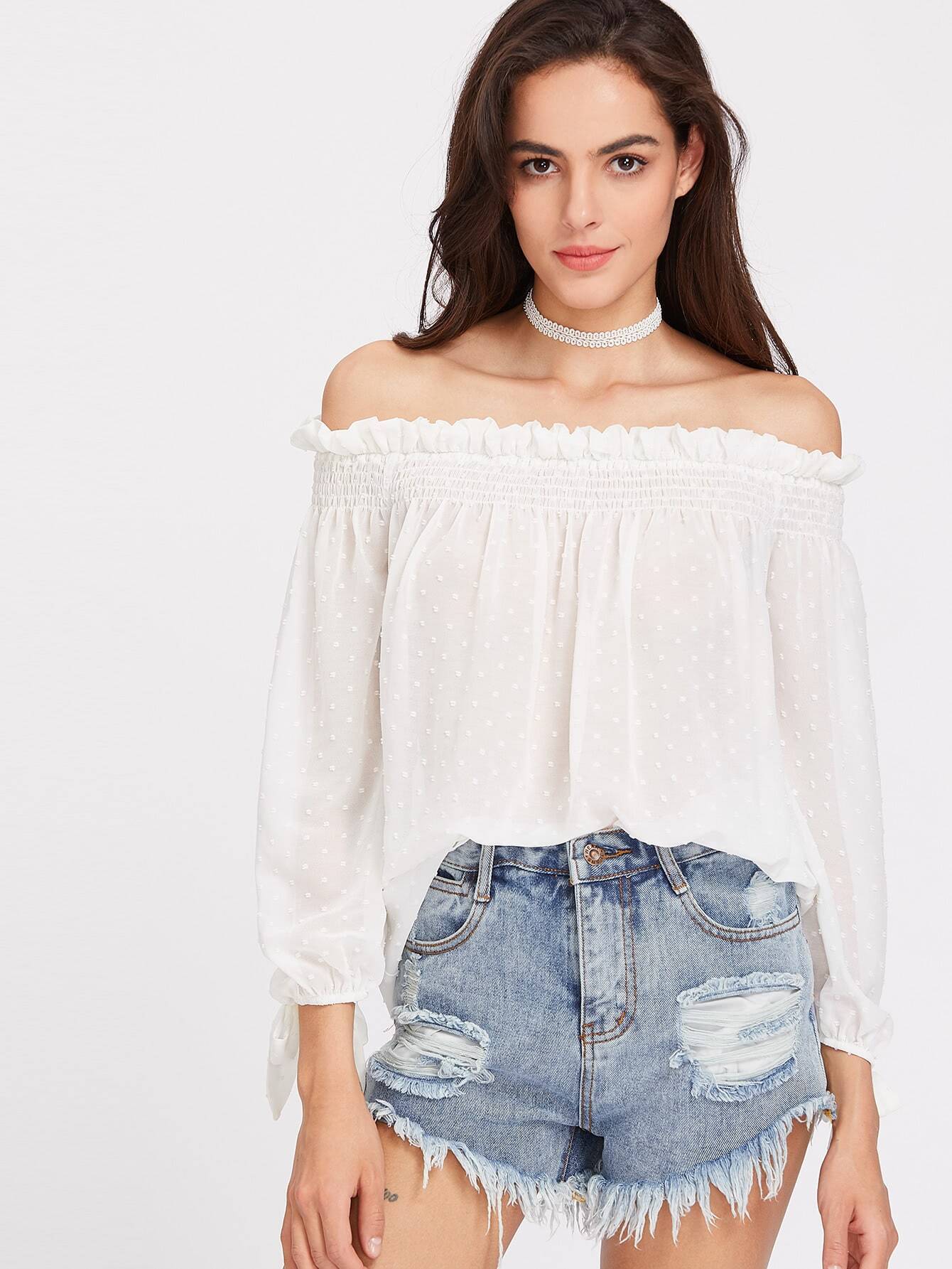 Frilled Smocked Off Shoulder Tie Sleeve Dot Jacquard Top Shein Sheinside