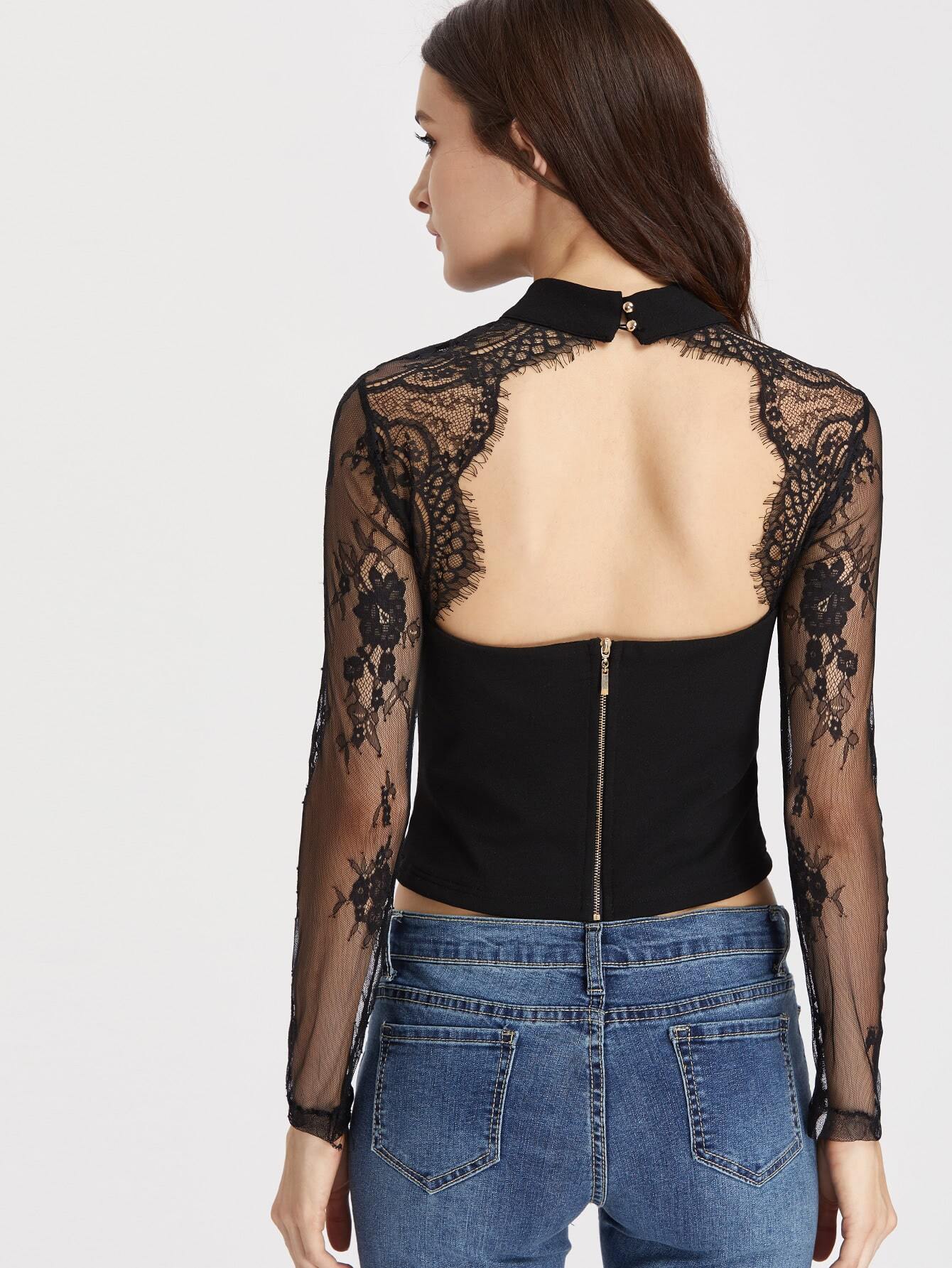 Lace Sleeve Open Front And Back Tailored Bustier Top Shein Sheinside