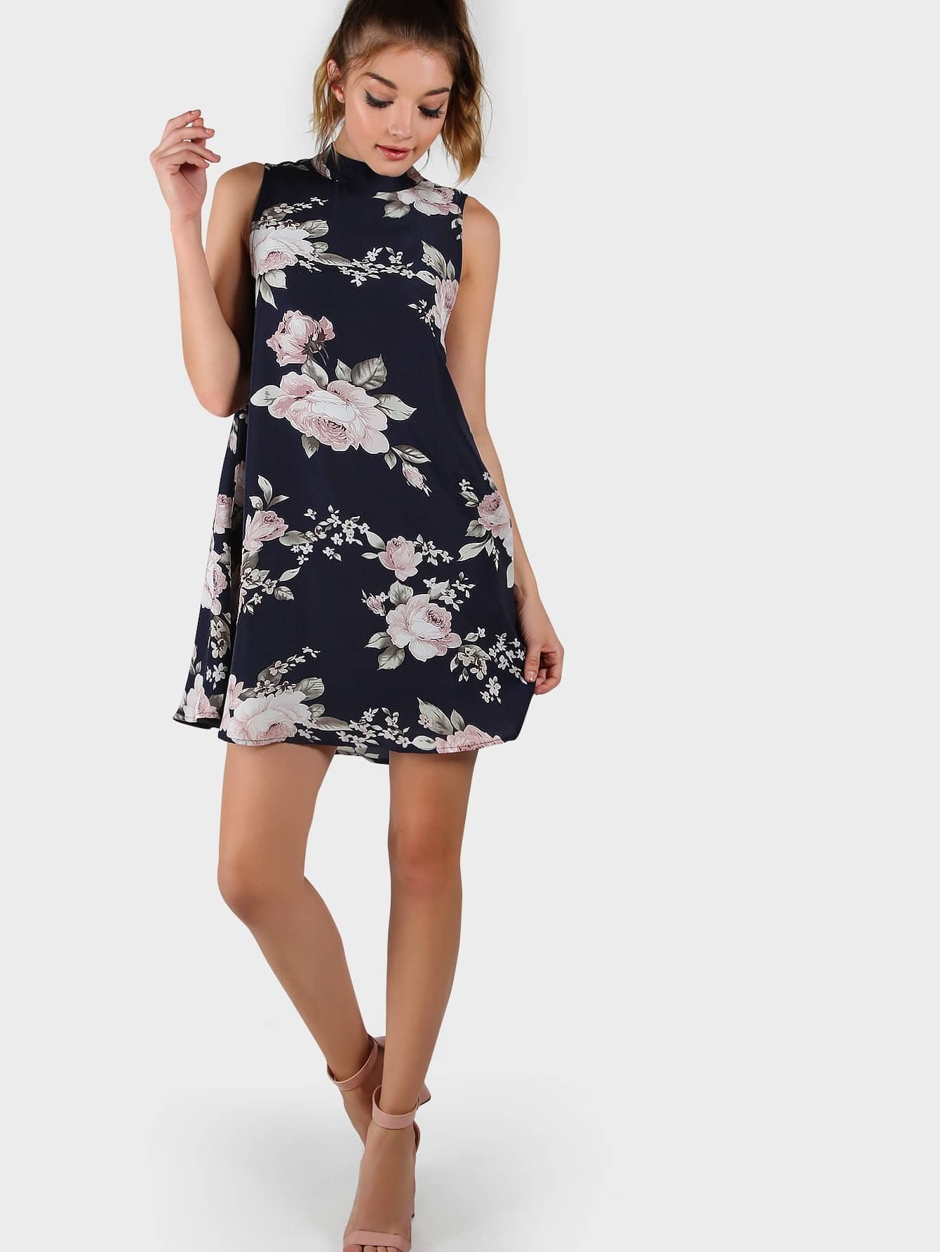 Flower Print Keyhole Button Closure Back Swing Dress Shein Sheinside