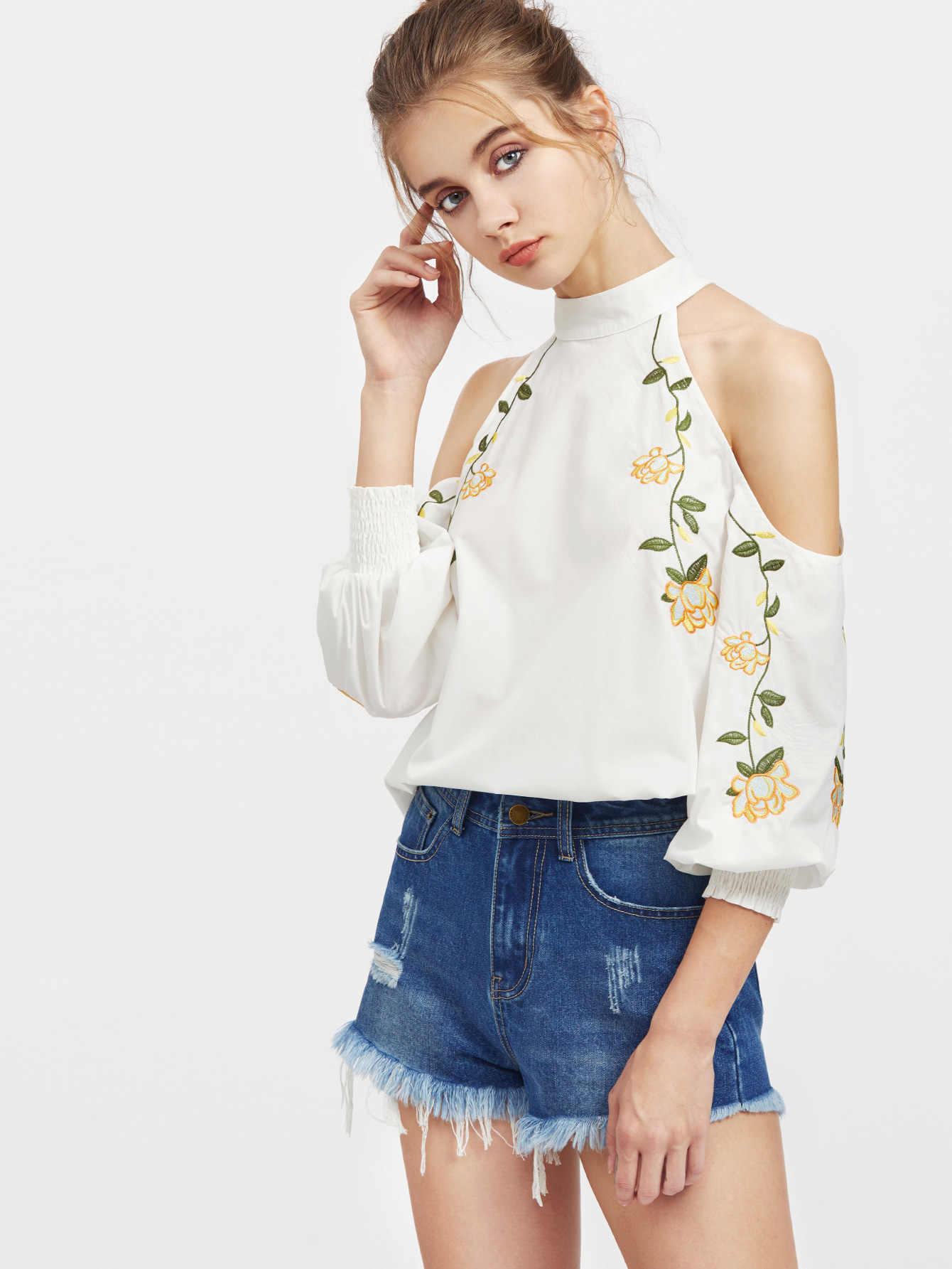 Buttoned Keyhole Open Shoulder Shirred Cuff Embroidered Top Shein