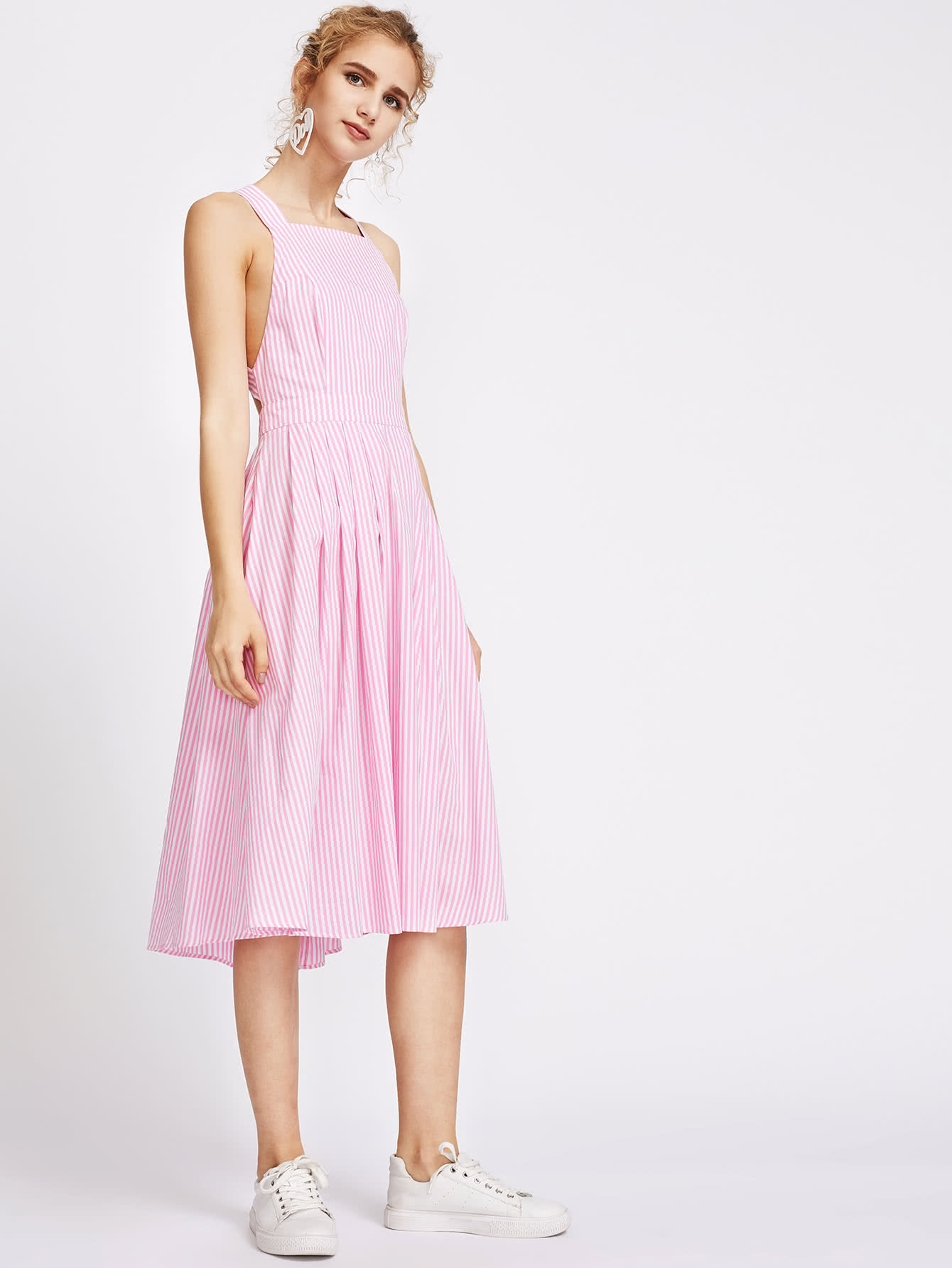 Striped Criss Cross Back Swing Dress Shein Sheinside