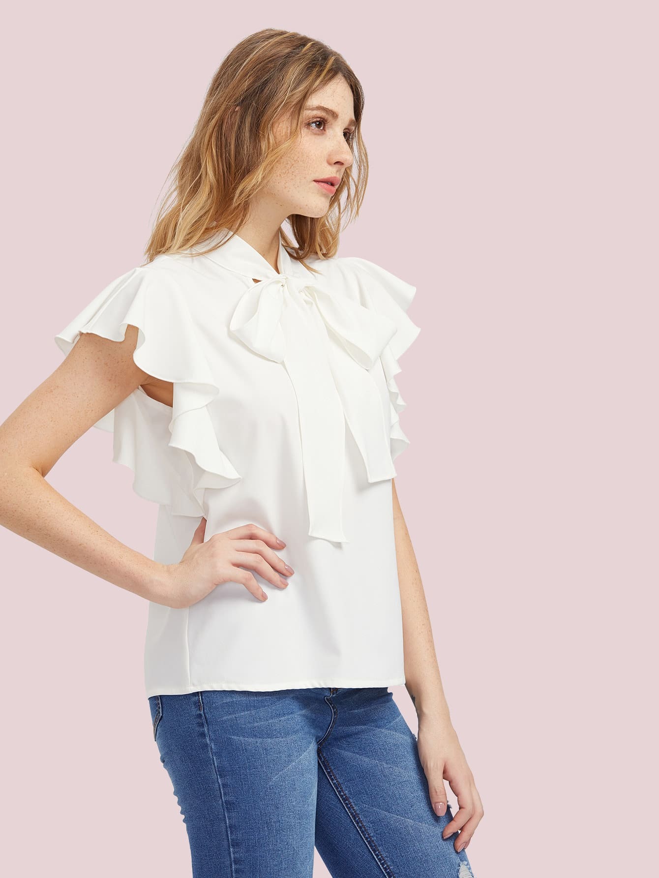 Bow Tie Front Flutter Sleeve Blouse Shein Sheinside