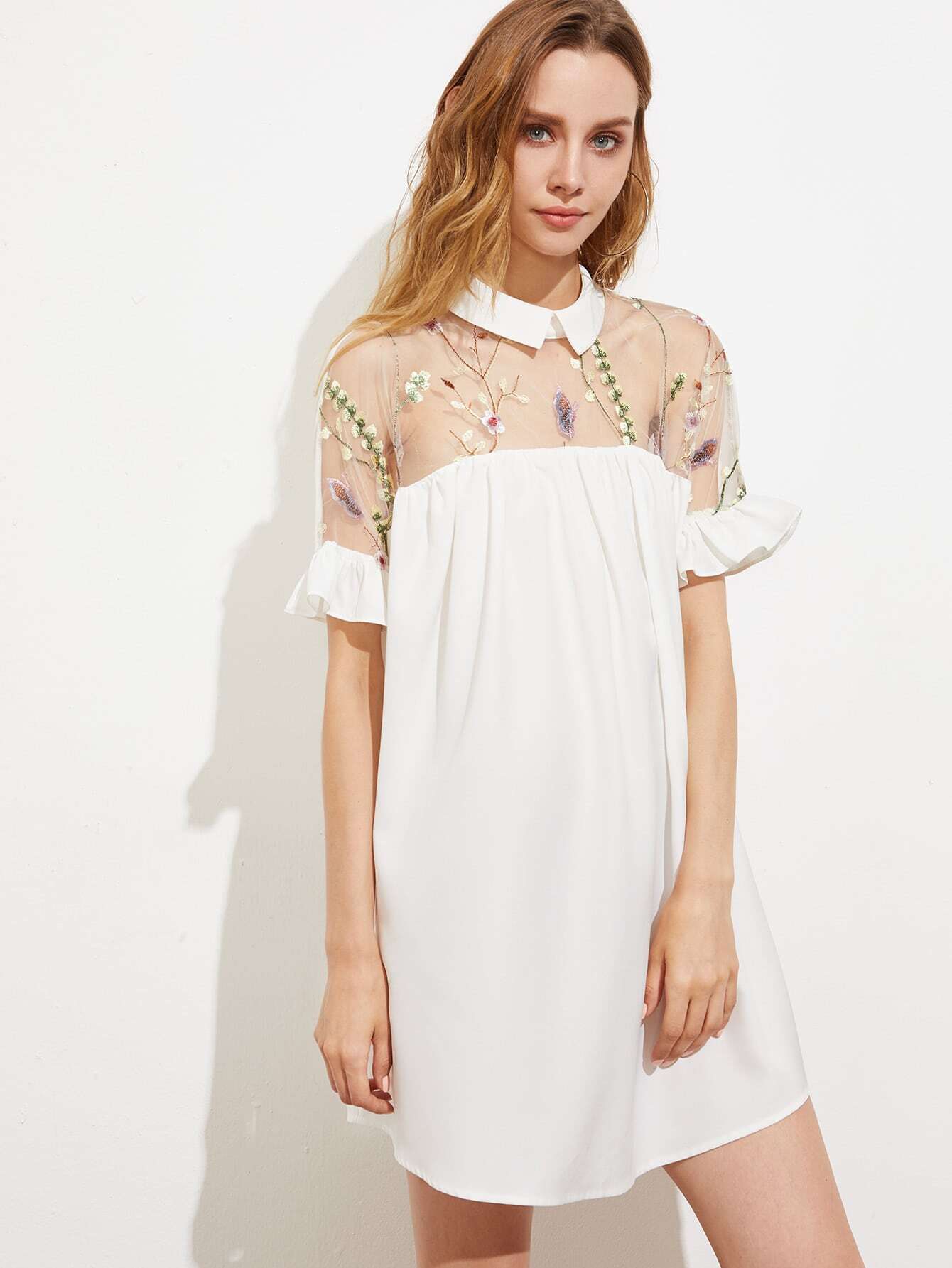 Embroidered Mesh Yoke Tie Back Ruffle Sleeve Smock Dress Shein Sheinside